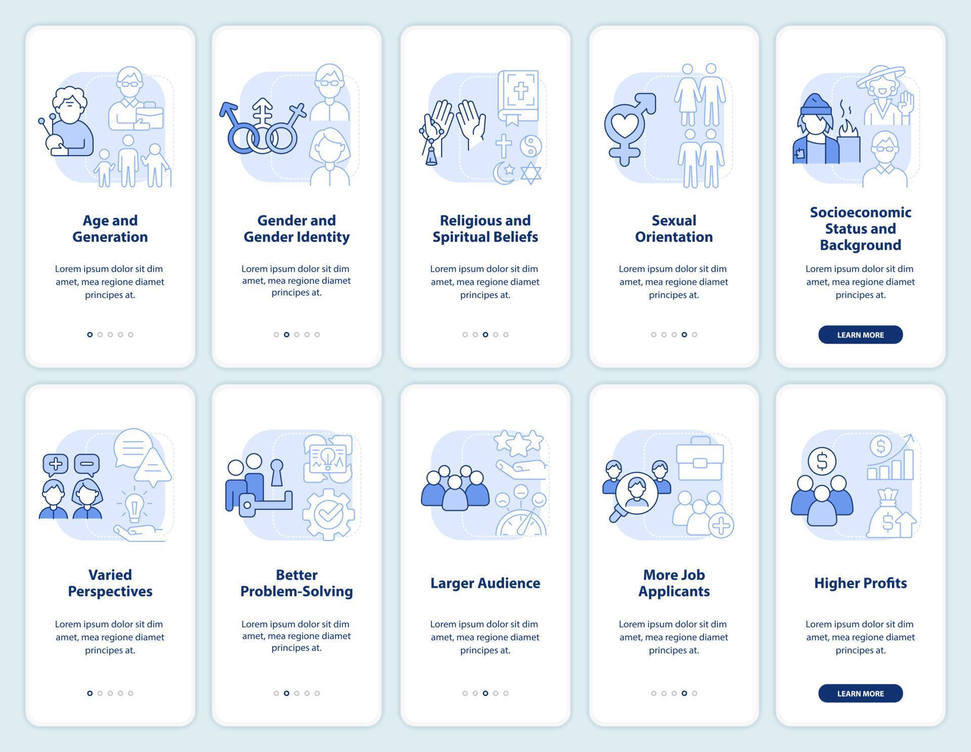 Diversity And Inclusion Light Blue Onboarding Mobile App Screen Set