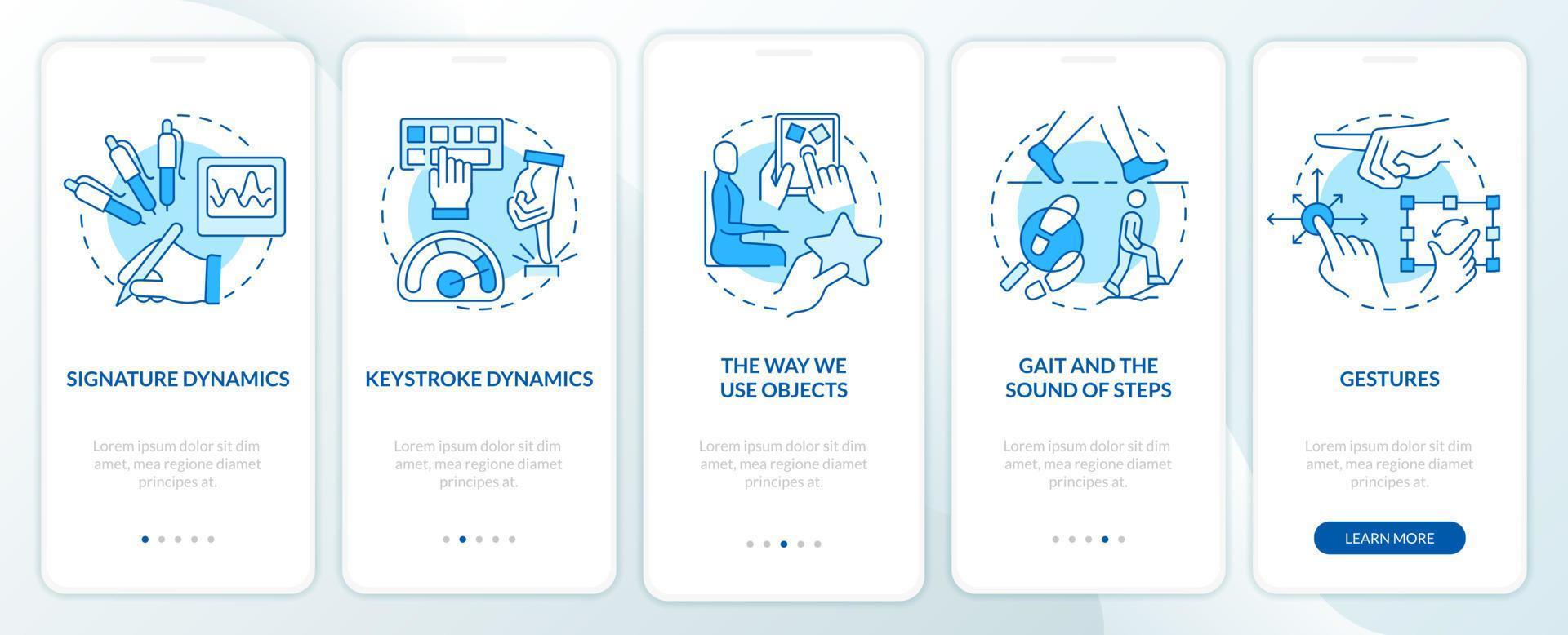 Behavioral measurements blue onboarding mobile app screen. Biometrics walkthrough 3 steps ...
