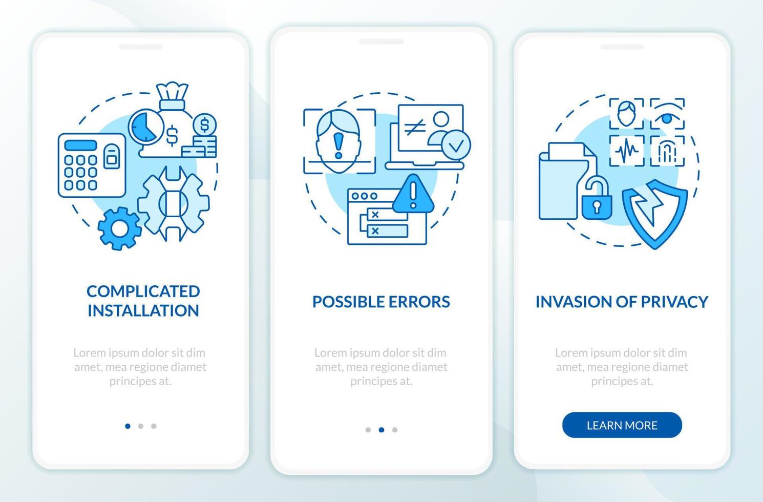 Biometric Technology Drawbacks Blue Onboarding Mobile App Screen Walkthrough 3 Steps Editable