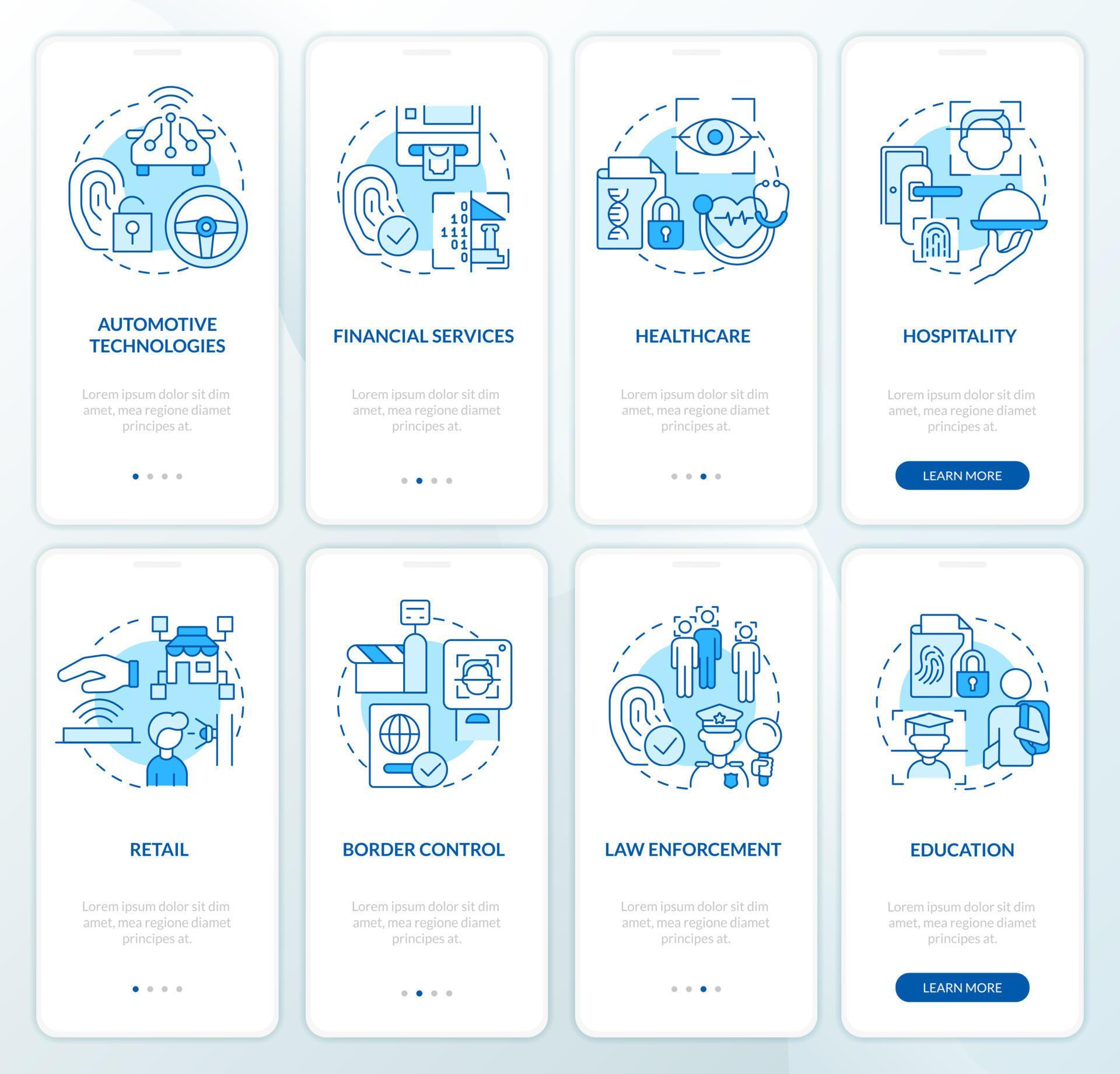 Usage Of Biometric Technology Blue Onboarding Mobile App Screen Set Walkthrough 4 Steps