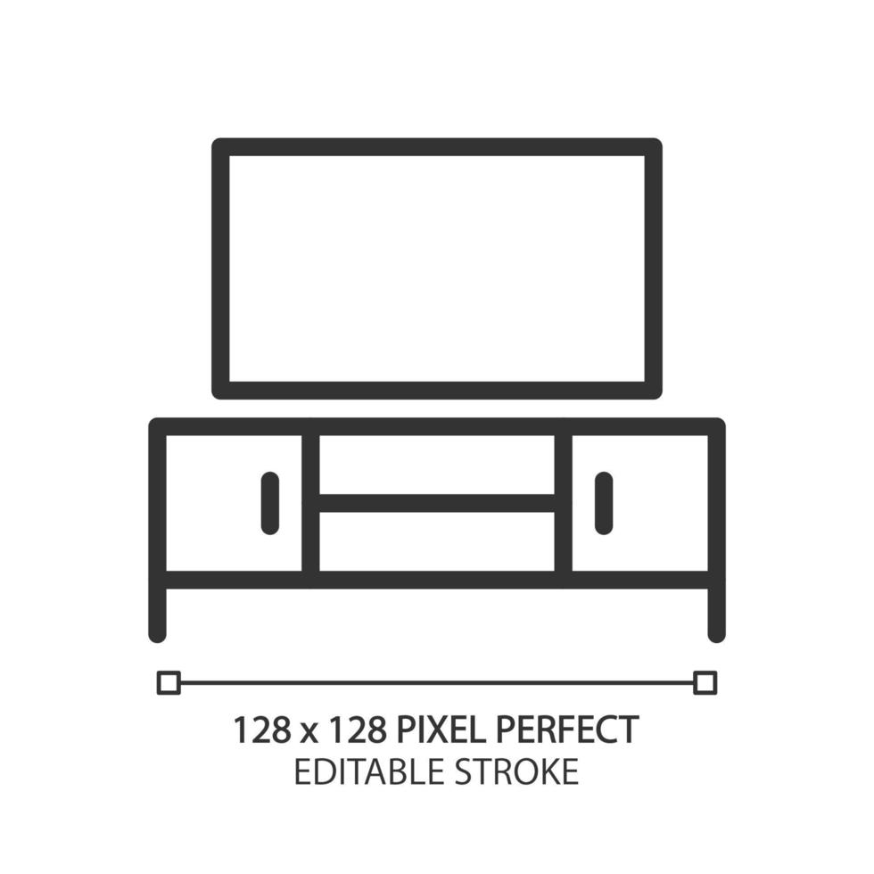 TV stand pixel perfect linear icon. Entertainment center. Watching movies. Television. Contemporary home furniture. Thin line illustration. Contour symbol. Vector outline drawing. Editable stroke 1705...
