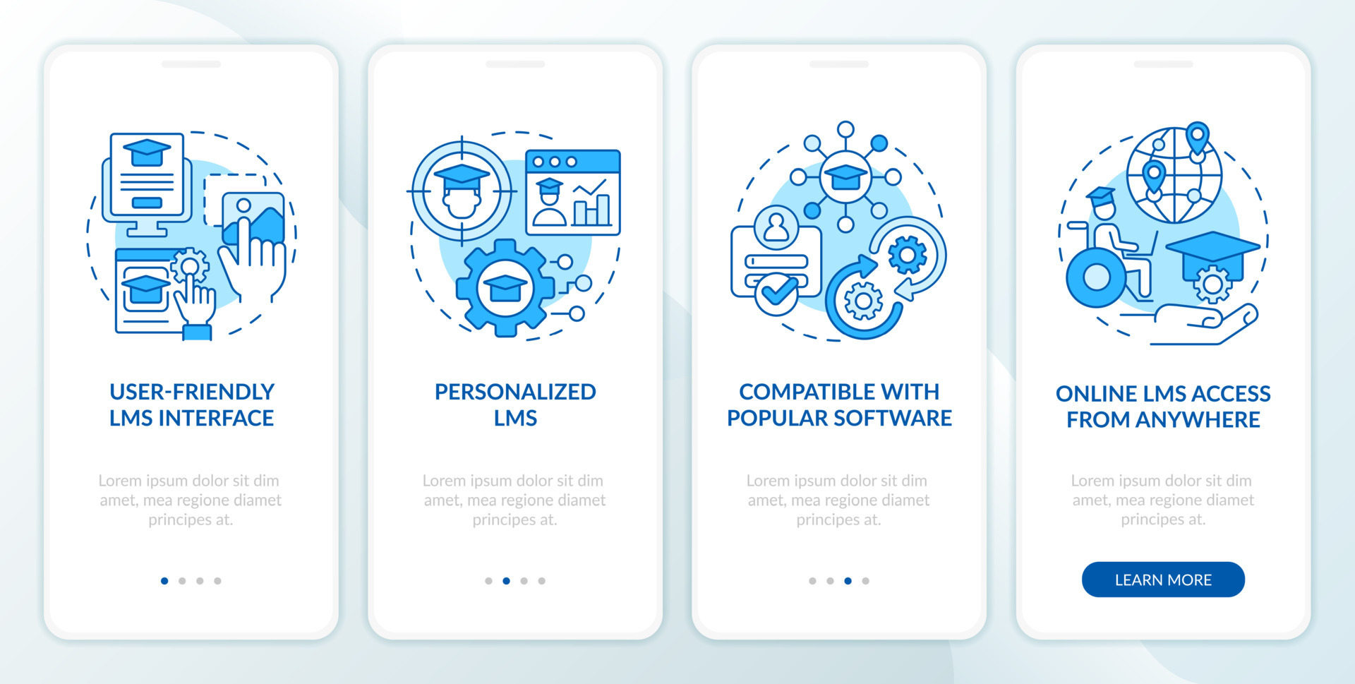 Learning management system features blue onboarding mobile app screen ...