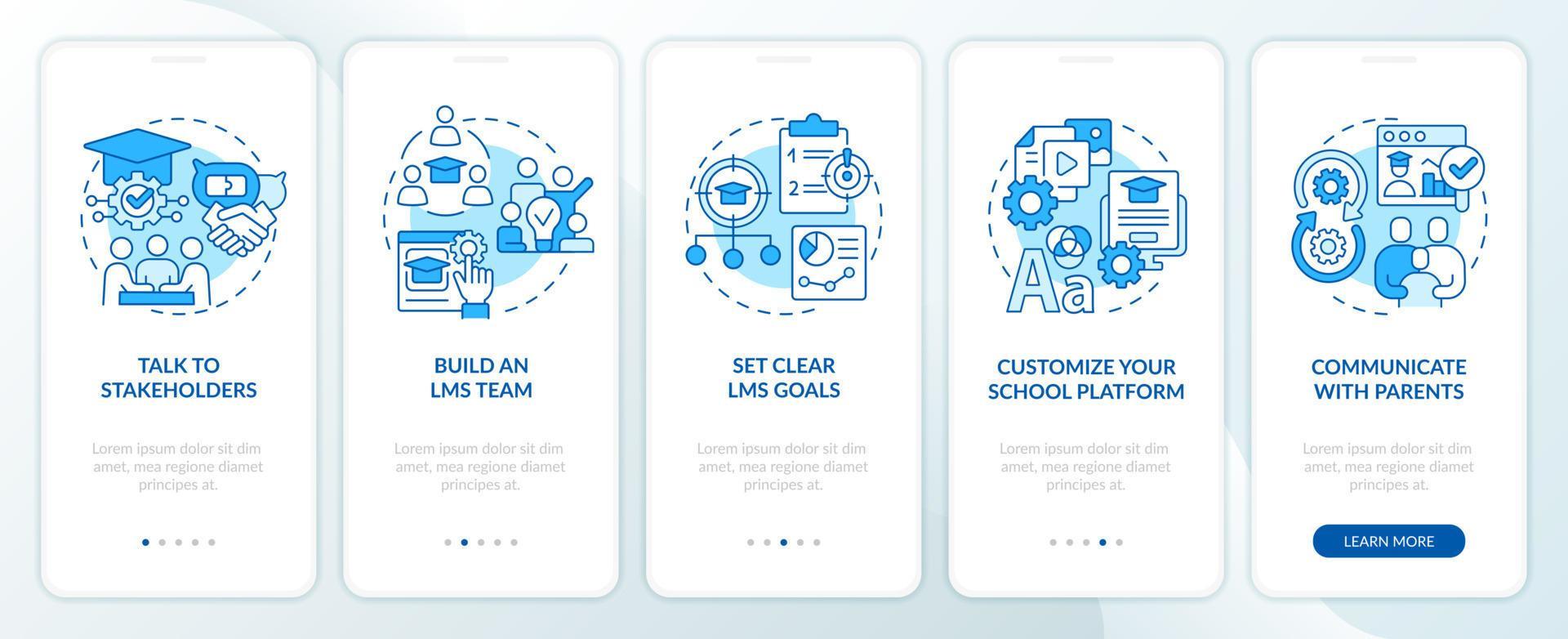 Launching School Lms Blue Onboarding Mobile App Screen Walkthrough 5 Steps Editable Graphic