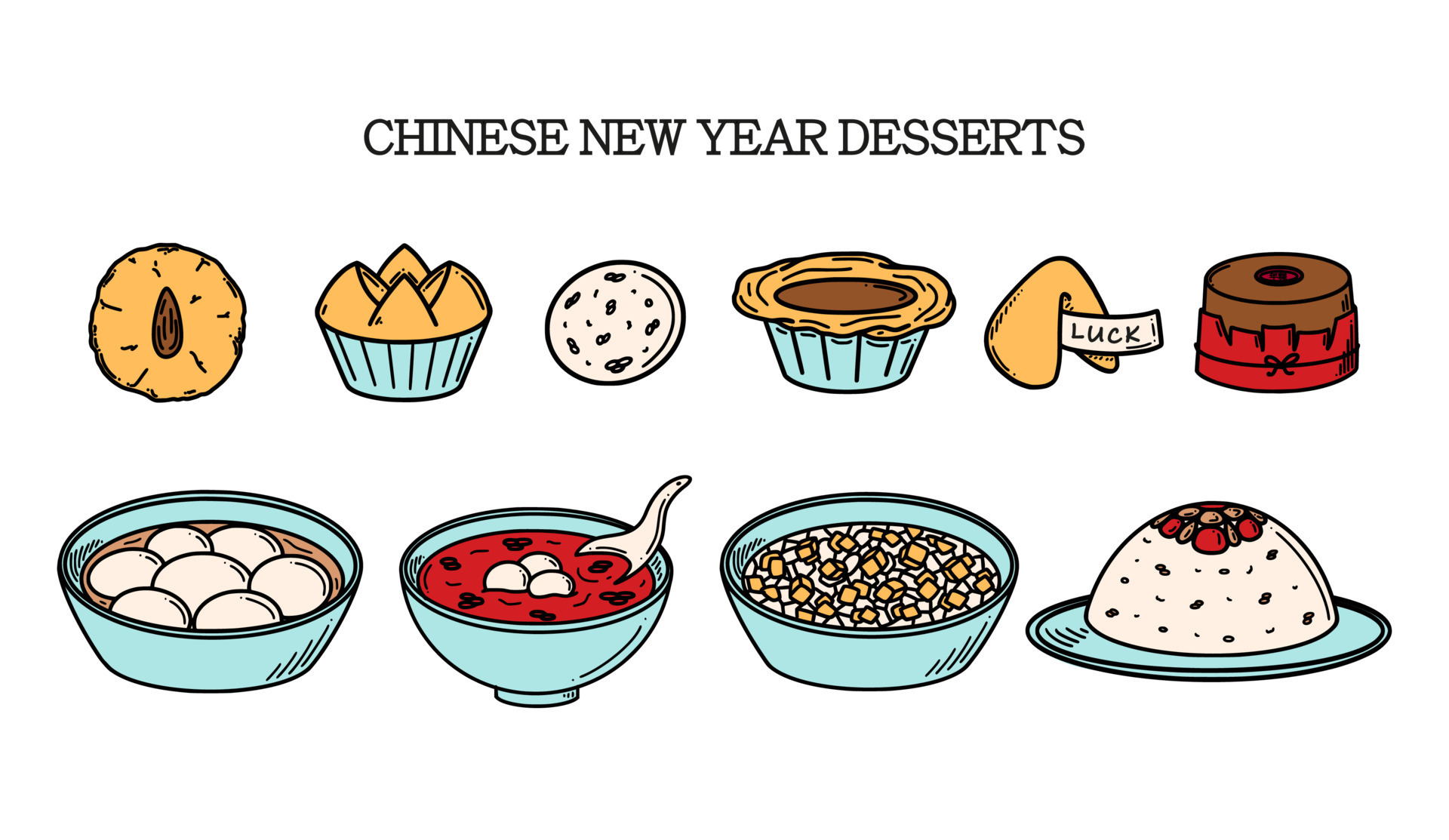CNY celebration, Chinese New Year Desserts vector illustration in ...