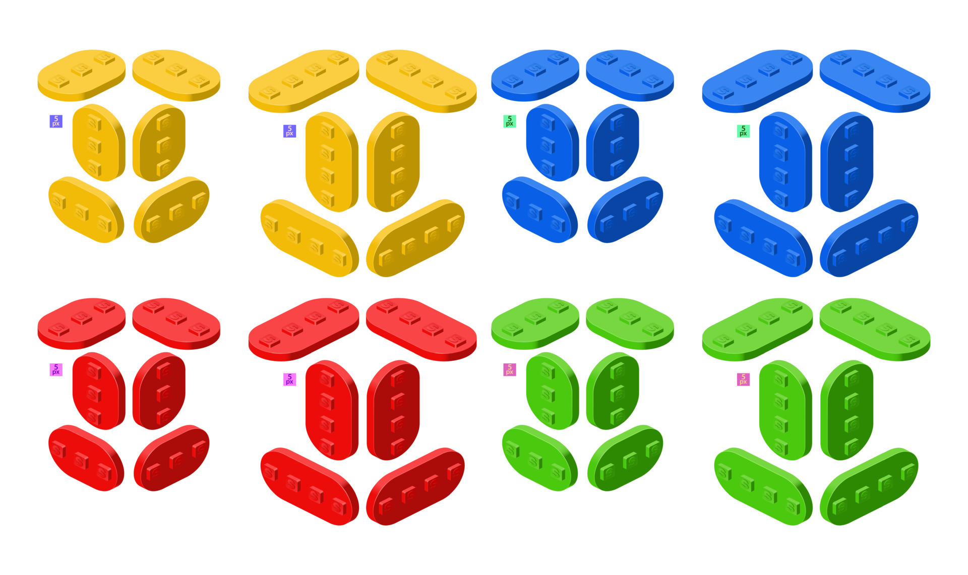 3d set of colored constructor kit in isometry. Bunch of rounded bricks ...