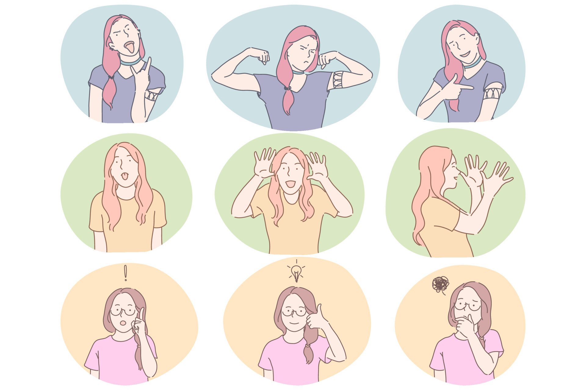 Sign Language Gestures Hands And Facial Expression Communication Concept Young Girls Cartoon