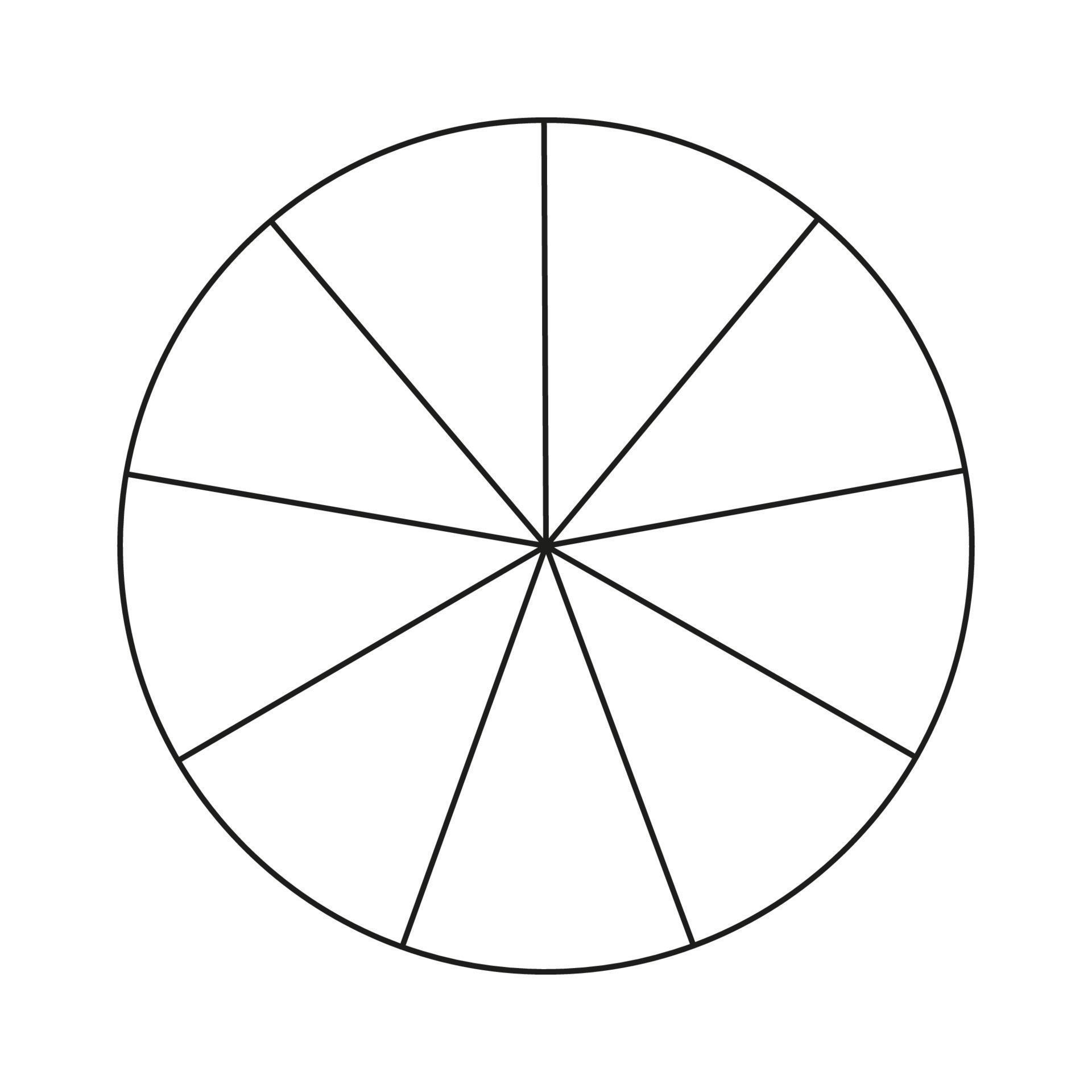 Circle divided in 9 segments. Pizza or pie round shape cut in equal slices. Outline style ...