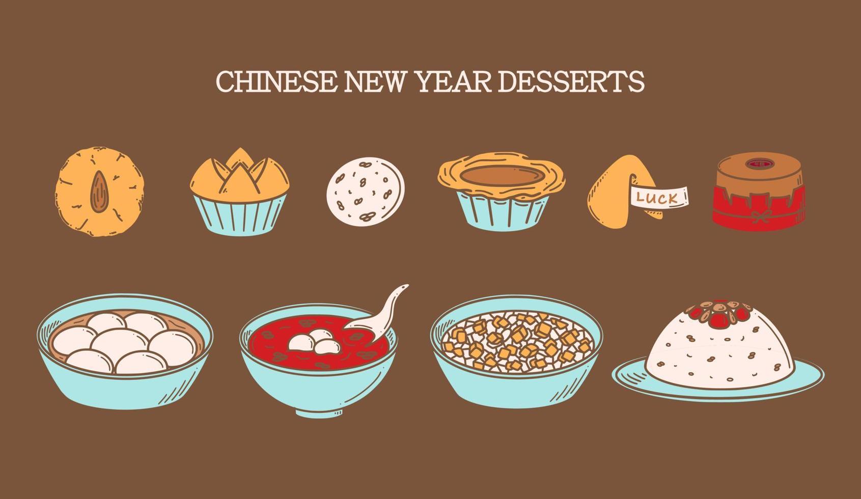CNY celebration, Chinese New Year Desserts vector illustration in ...