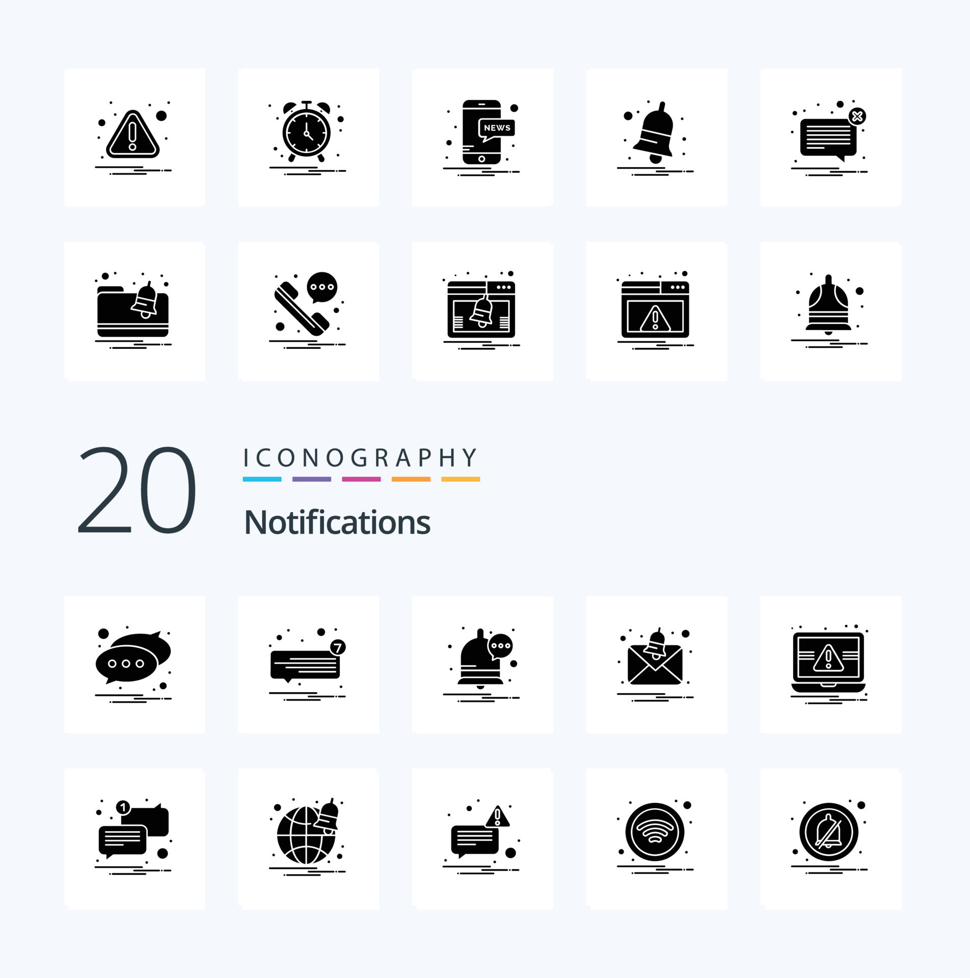 20 Notifications Solid Glyph Icon Pack Like Notification Essentials