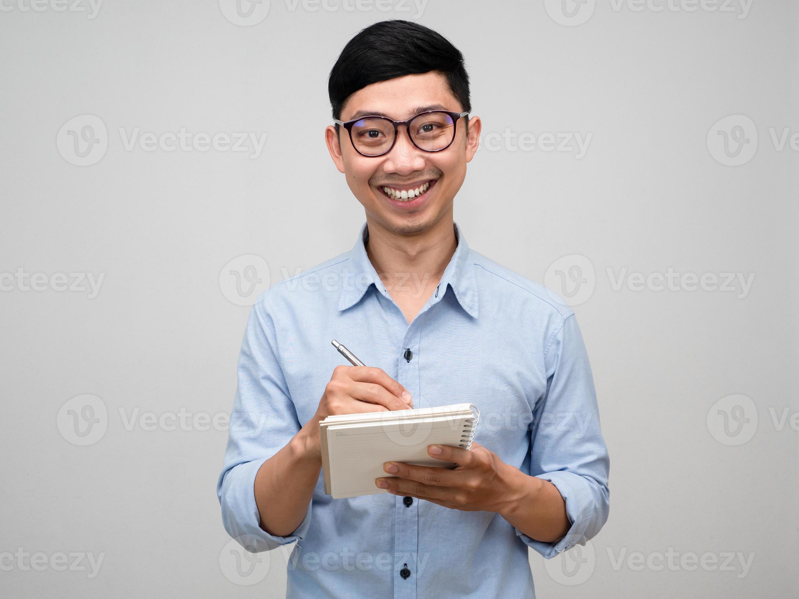 Positive Businessman Wear Glasses Hold Diary With Gentle Smile Isolated