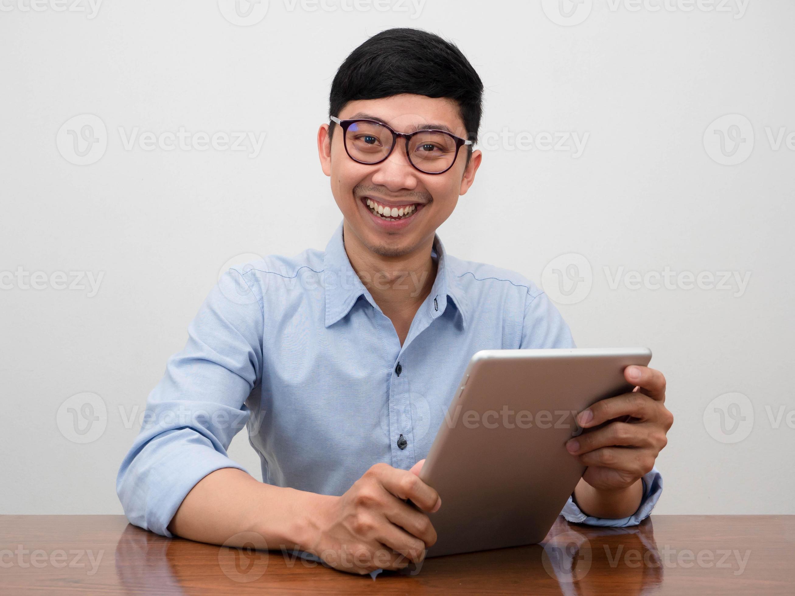 Positive Businessman Wear Glasses Holding Tablet Cheerful Smile Sit At