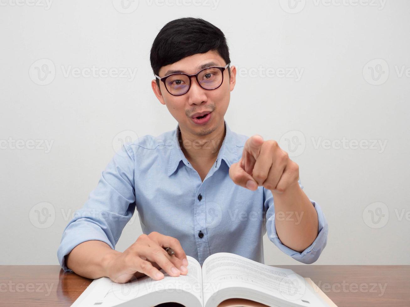 Manager Asian Businessman Glasses Sit Gesture Point Finger For Choosing