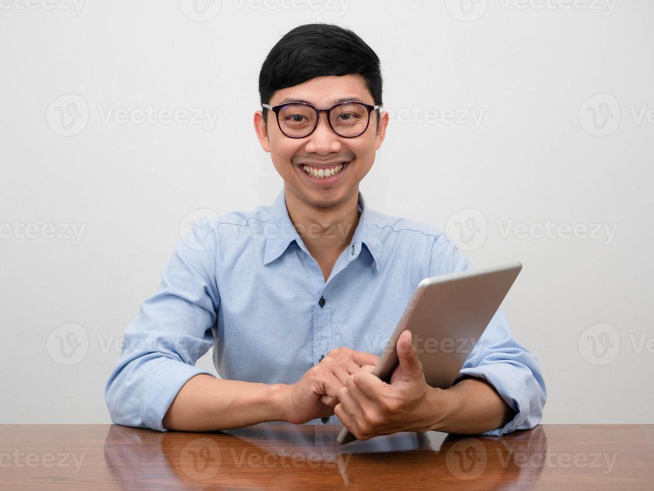 Positive Businessman Wear Glasses Hold Tablet Happy Smile Sit At The