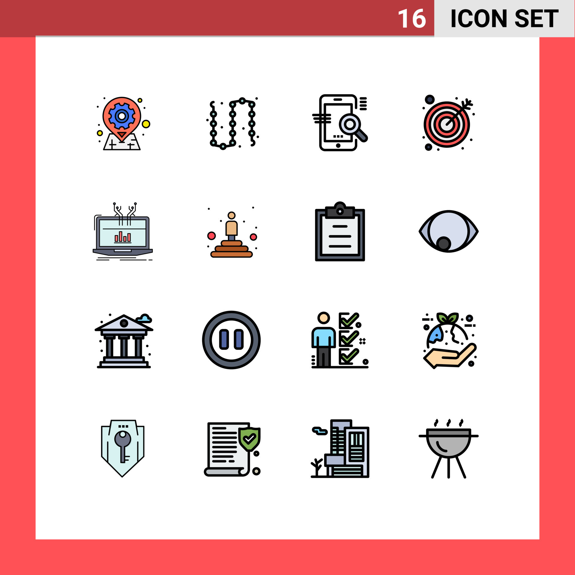 User Interface Pack Of 16 Basic Flat Color Filled Lines Of Target Arrow Jewelry Configuration