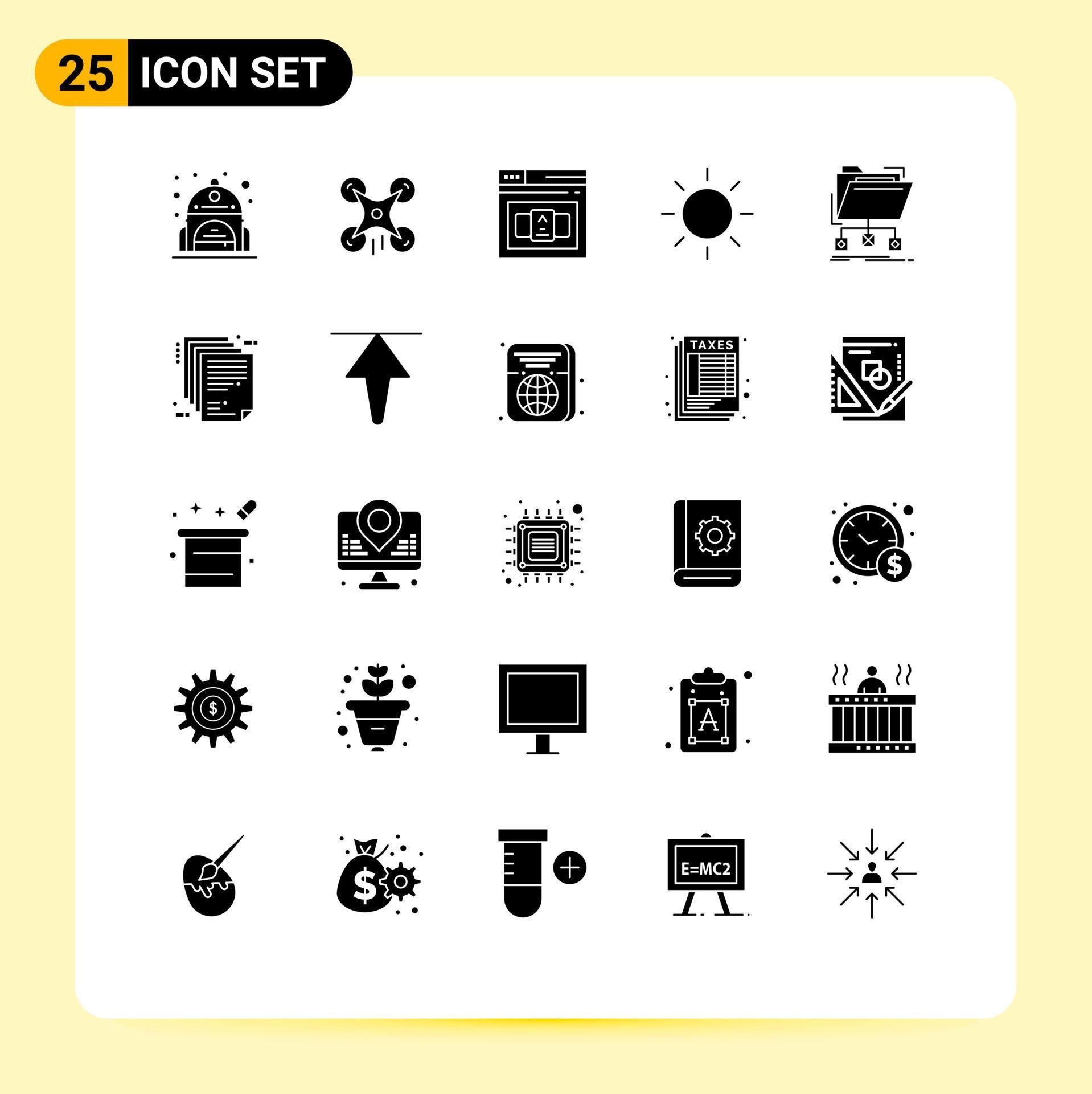 Pack of 25 creative Solid Glyphs of network files code data sun ...