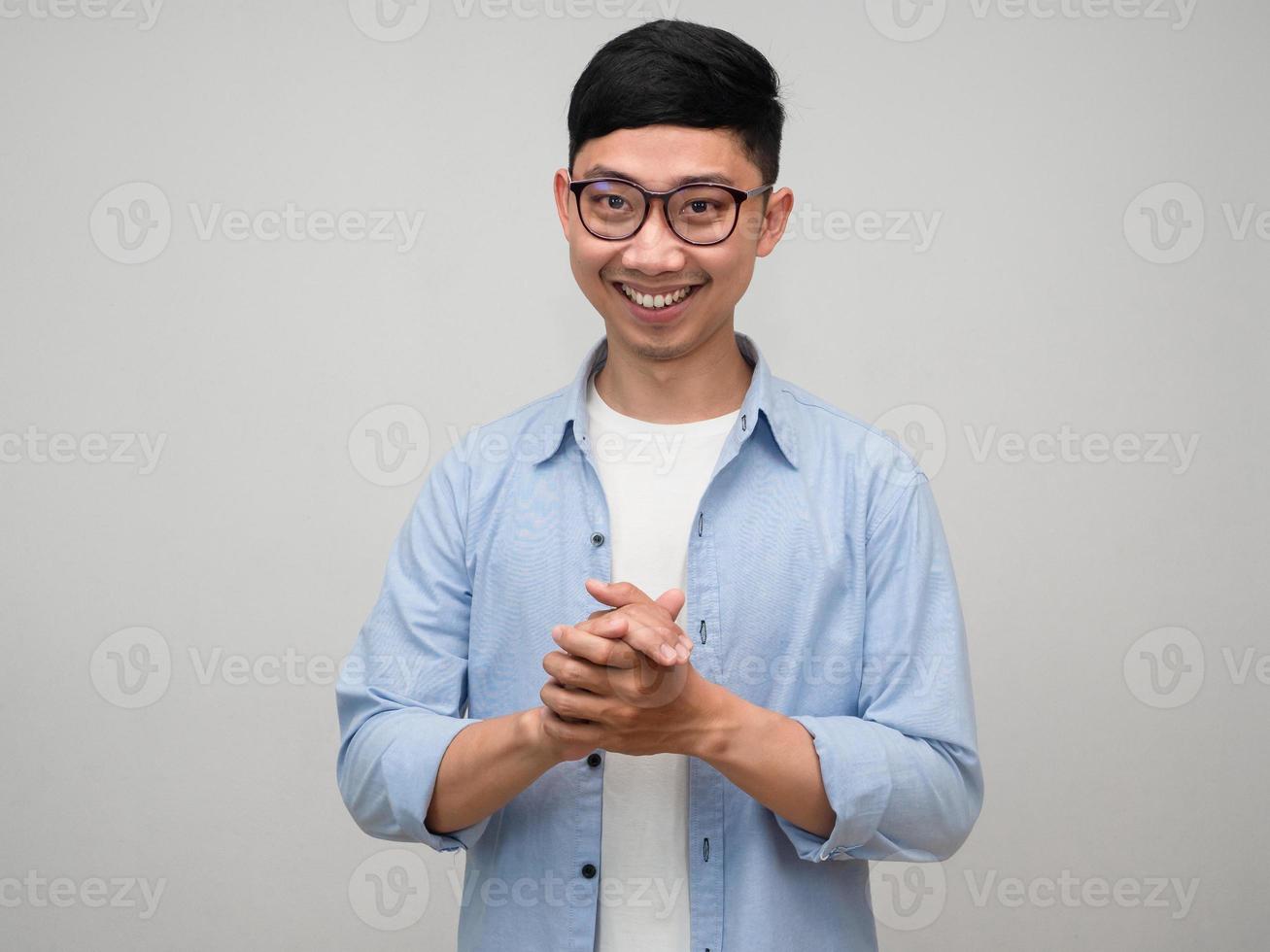 Asian Businessman Wear Glasses Gesture Joy Hands With Happy Smile