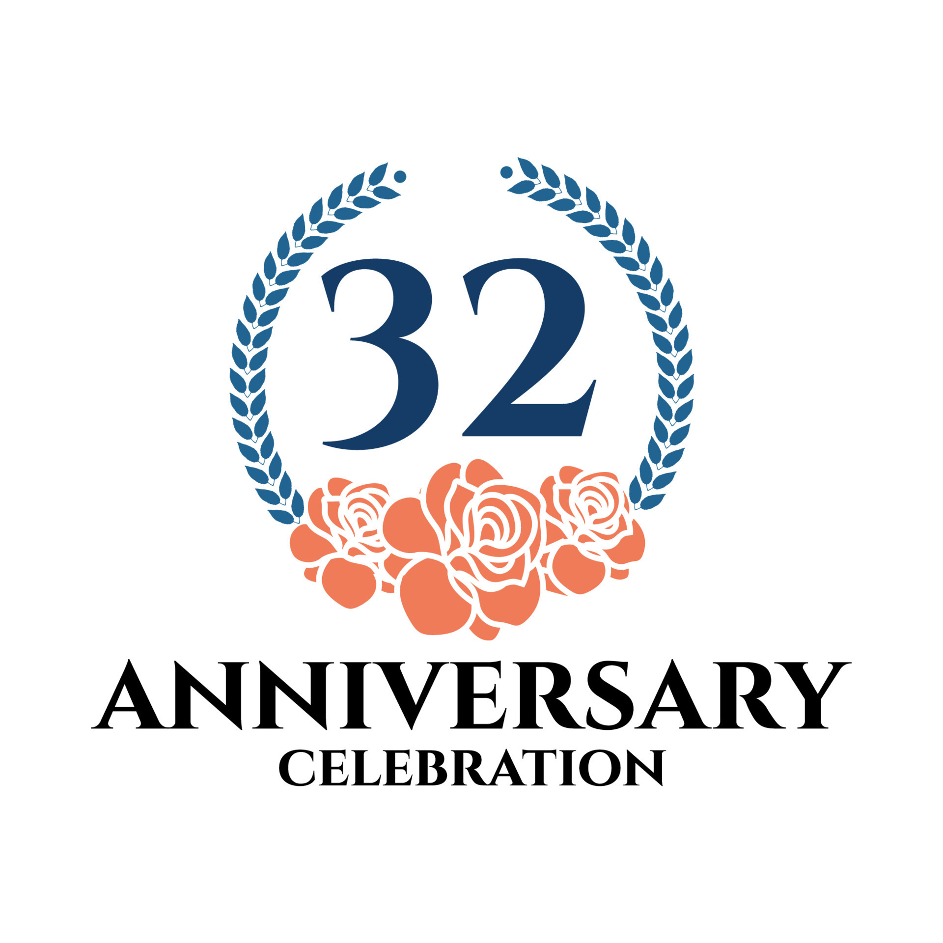 32nd anniversary logo with rose and laurel wreath, vector template for birthday celebration ...