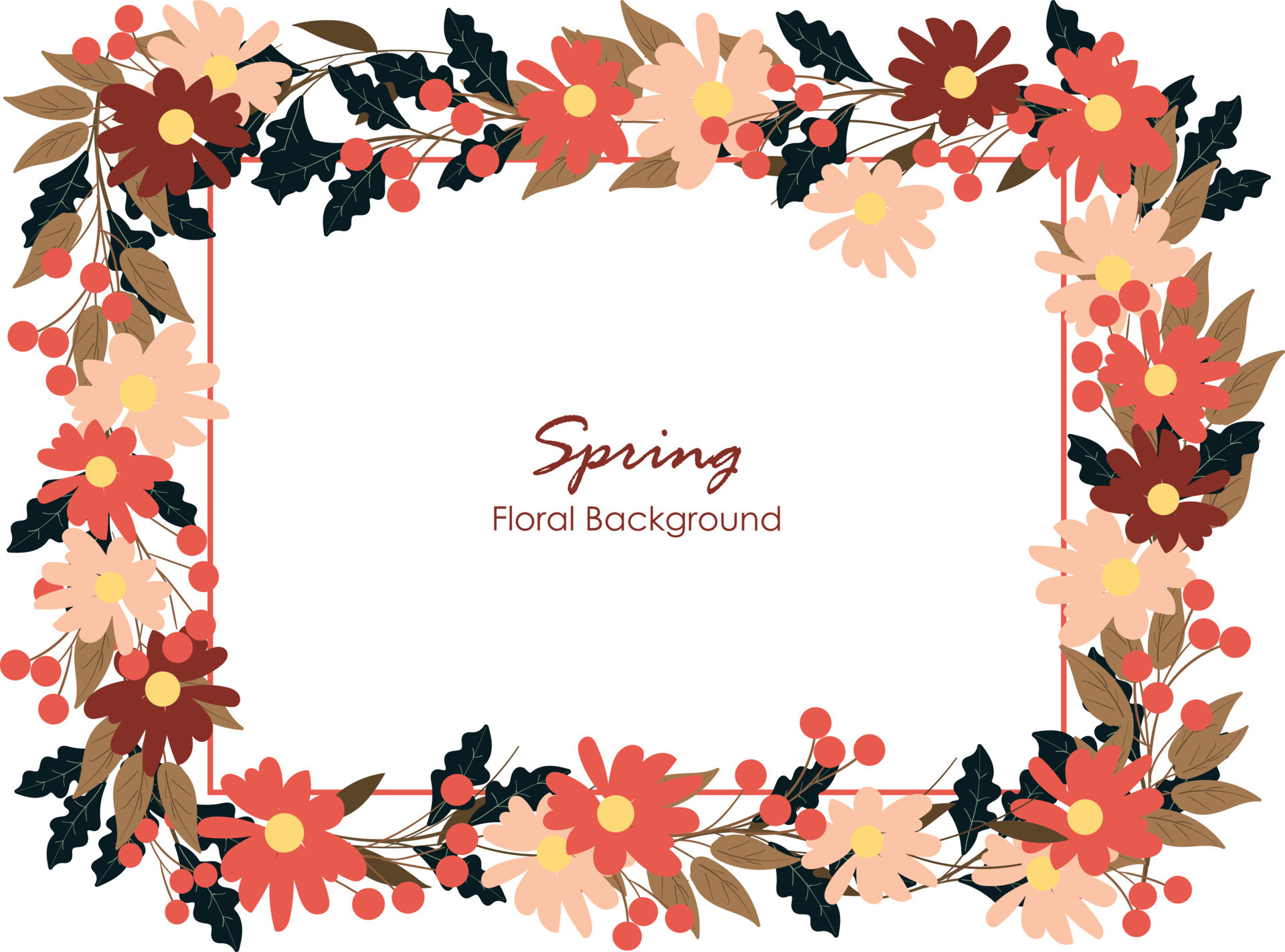 Set of spring and summer wild flowers, plants, branches, leaves and ...