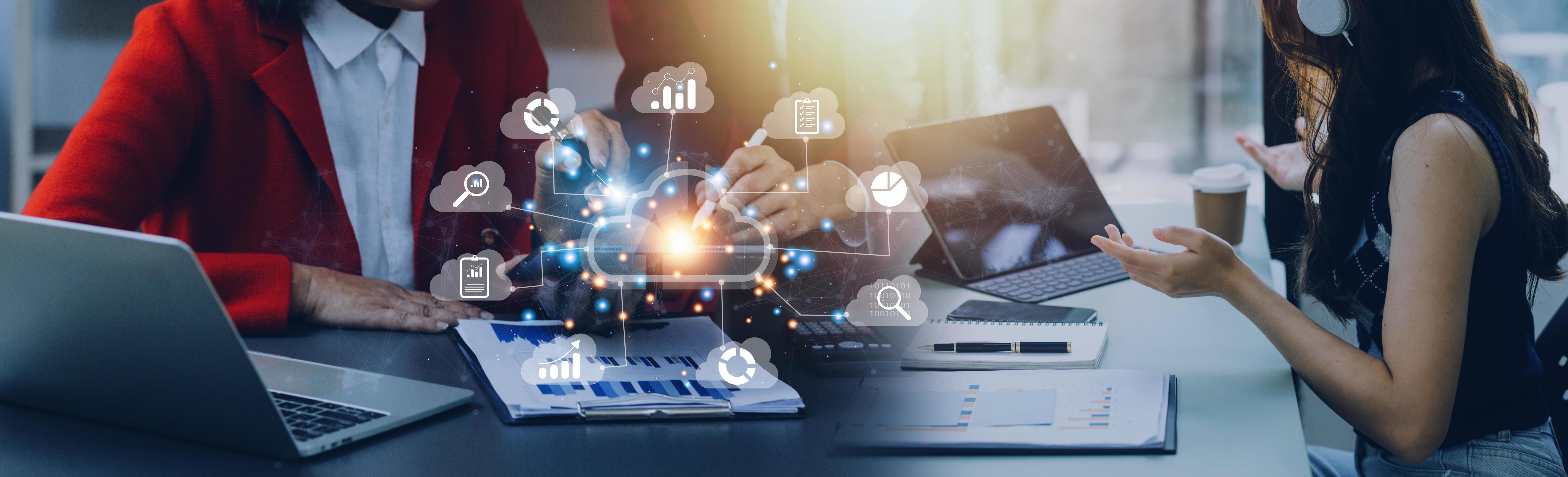 Man Use Laptop With Cloud Computing Diagram Show On Hand Cloud Technology Data Storage