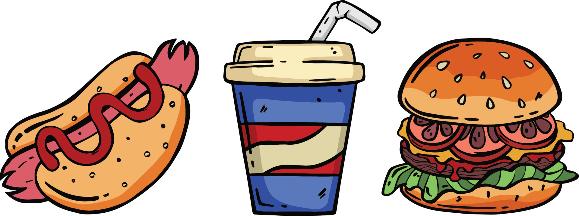 Fast Food Flat Icons, doughnut cake, burger and sparkling water flat ... Fast Food Flat Icons, doughnut cake, burger and sparkling water flat ...