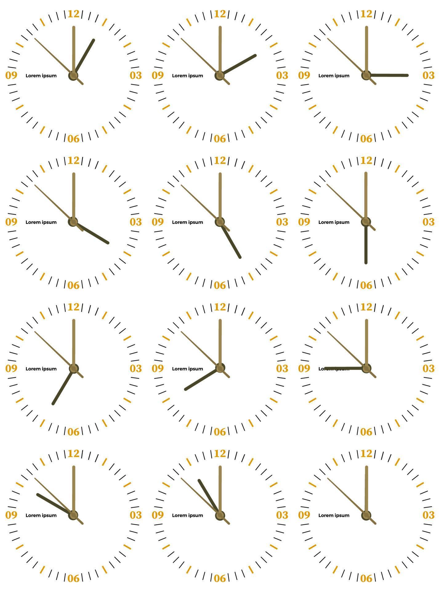 A set of mechanical clocks with an image of each of the twelve hours ...