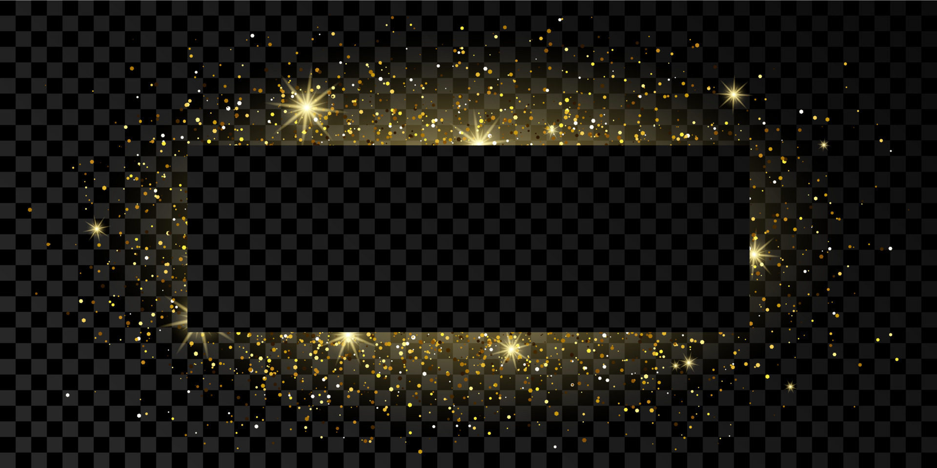 Golden rectangle frame with glitter, sparkles and flares on dark transparent background. Empty ...