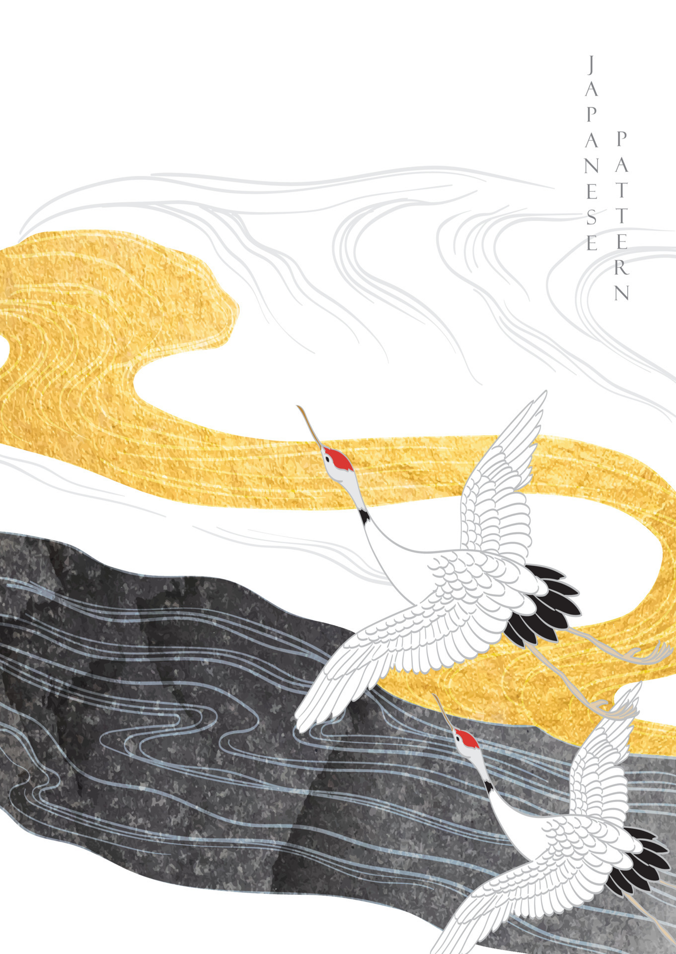 Japanese Background With Crave Birds Vector Abstract Landscape Template With Hand Drawn Wave