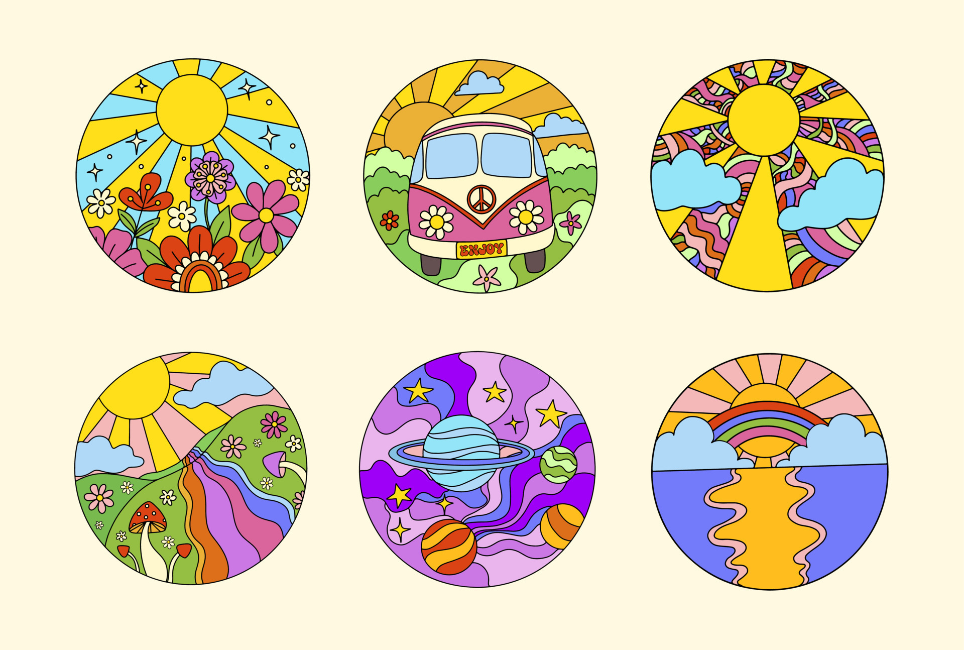Groovy retro circles with psychedelic landscapes. Vintage hippie print ...