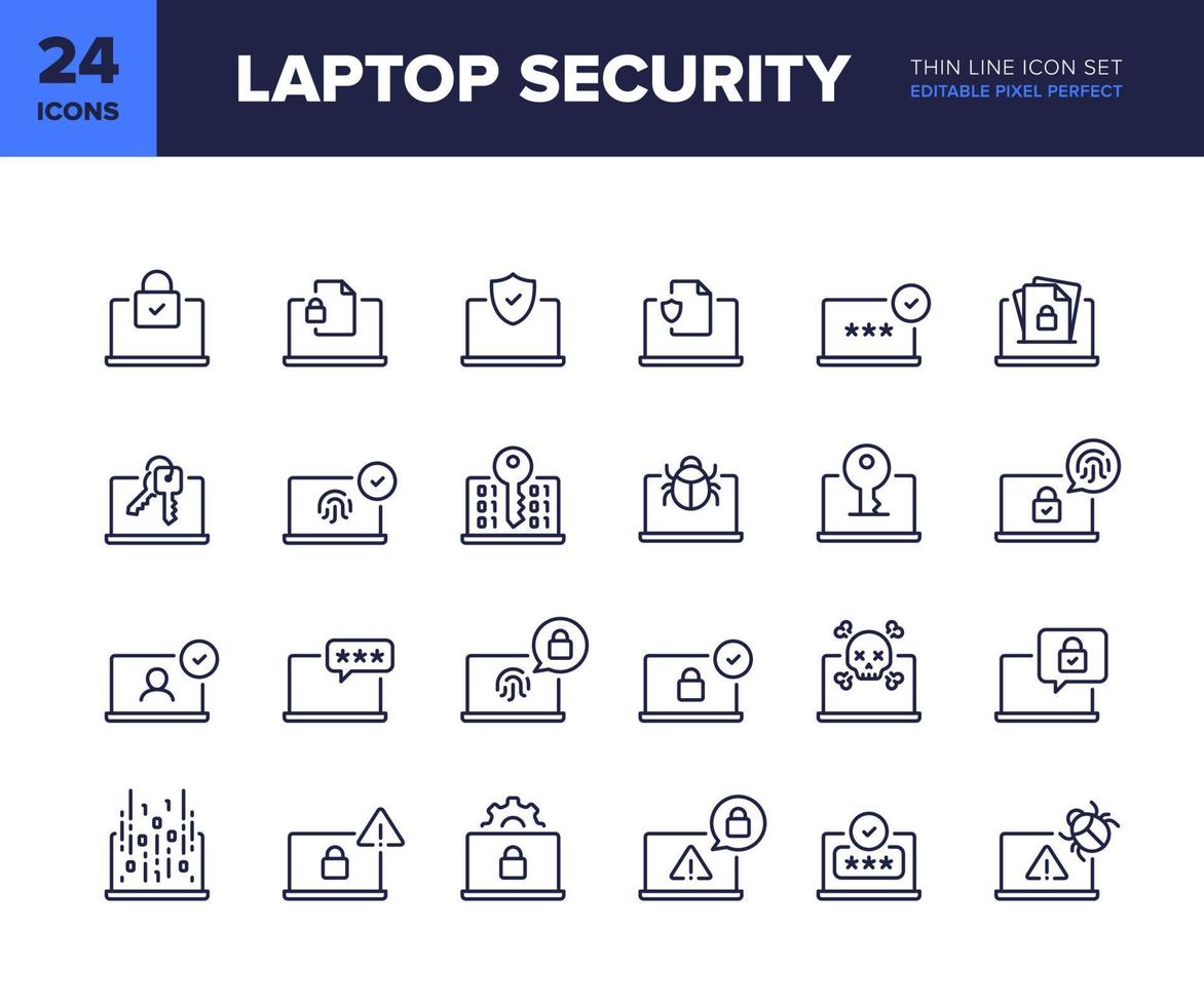 Laptop security vector line icon set. Computer privacy and protection icon collection. Notebook ...