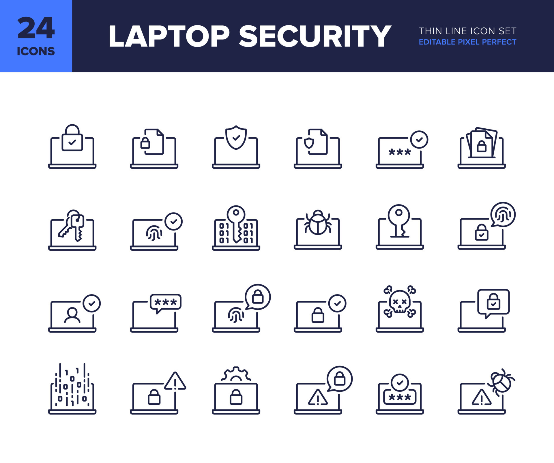 Laptop Security Vector Line Icon Set Computer Privacy And Protection