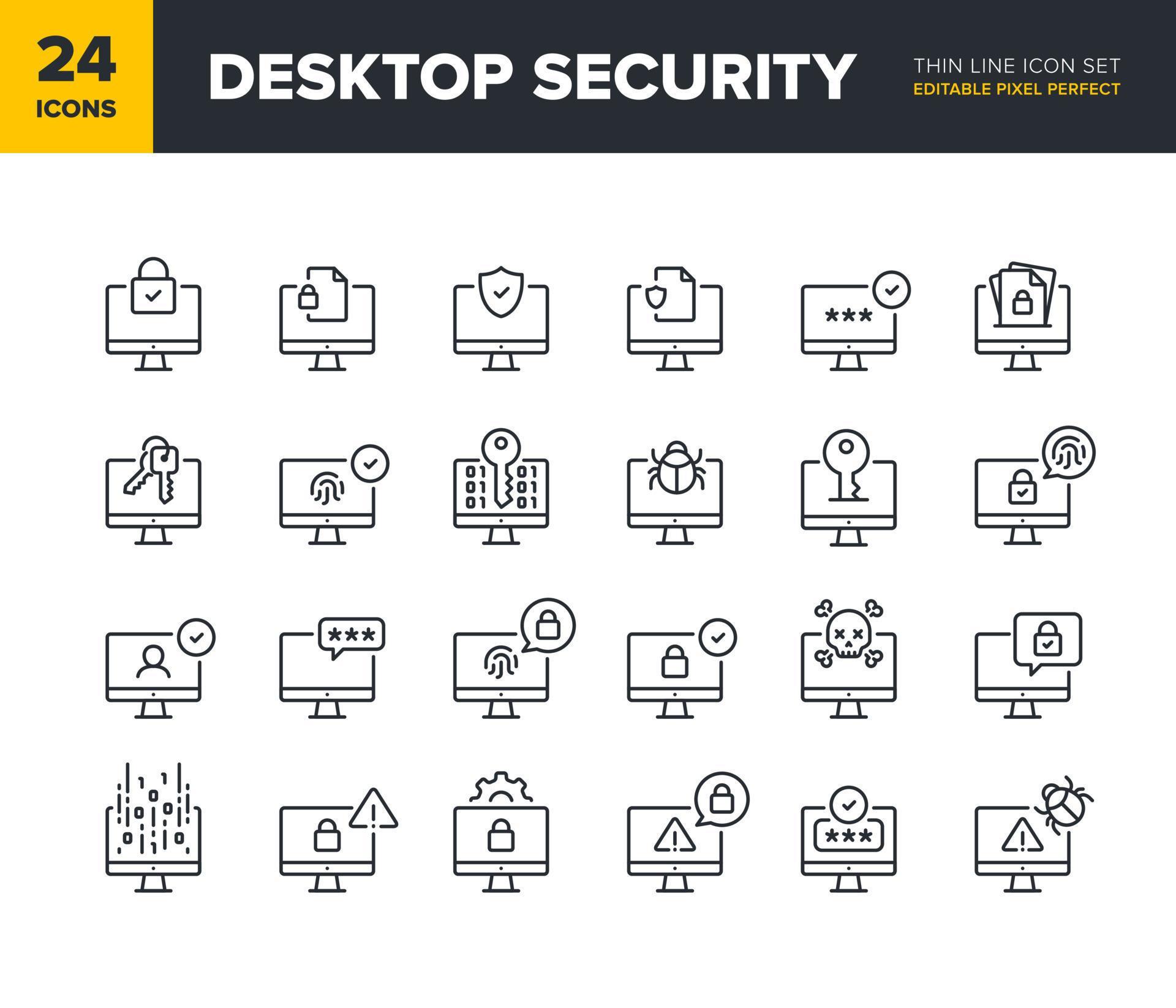 Desktop Security Vector Line Icon Set Computer Privacy And Protection