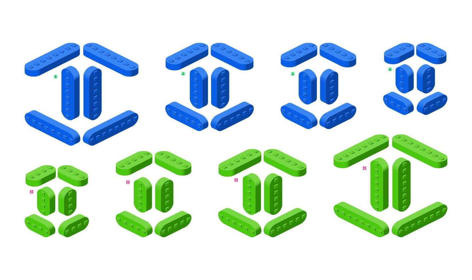 3d Set Of Colored Constructor Kit In Isometry Rounded Long Bricks Vector Illustration