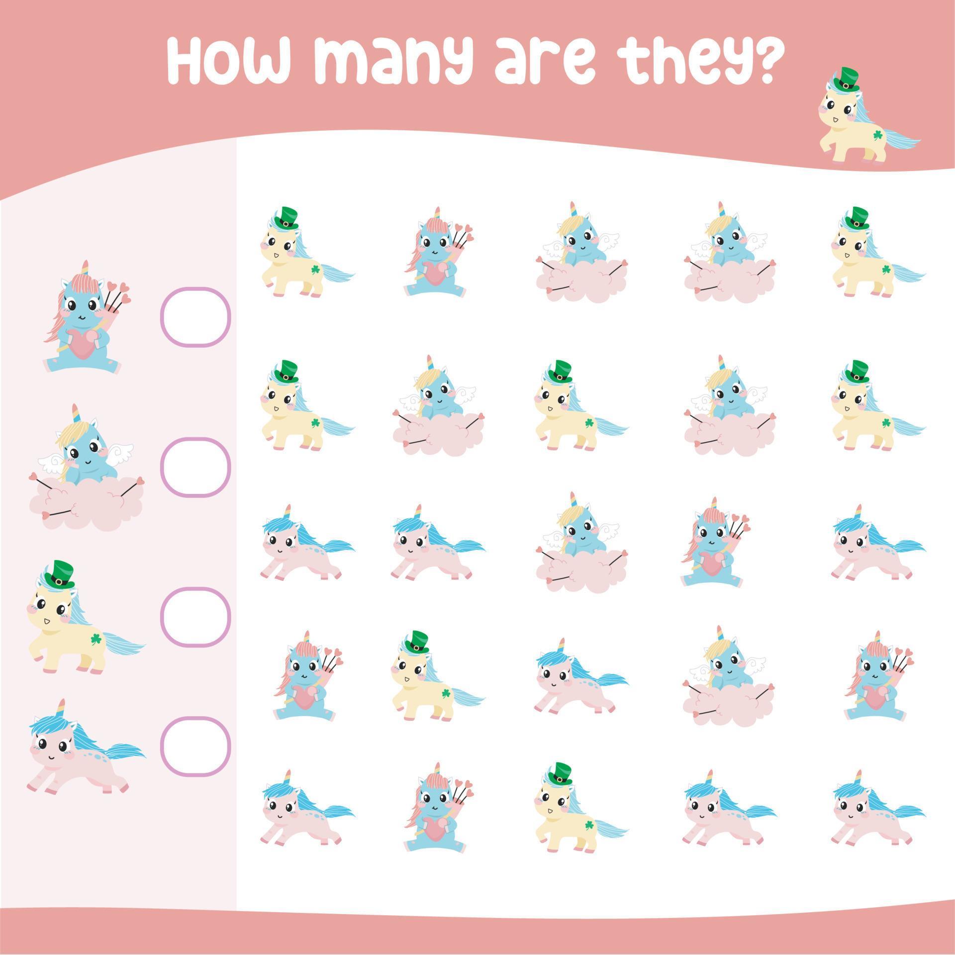 Mathematic activity page with cute unicorn. Calculate and write the ...