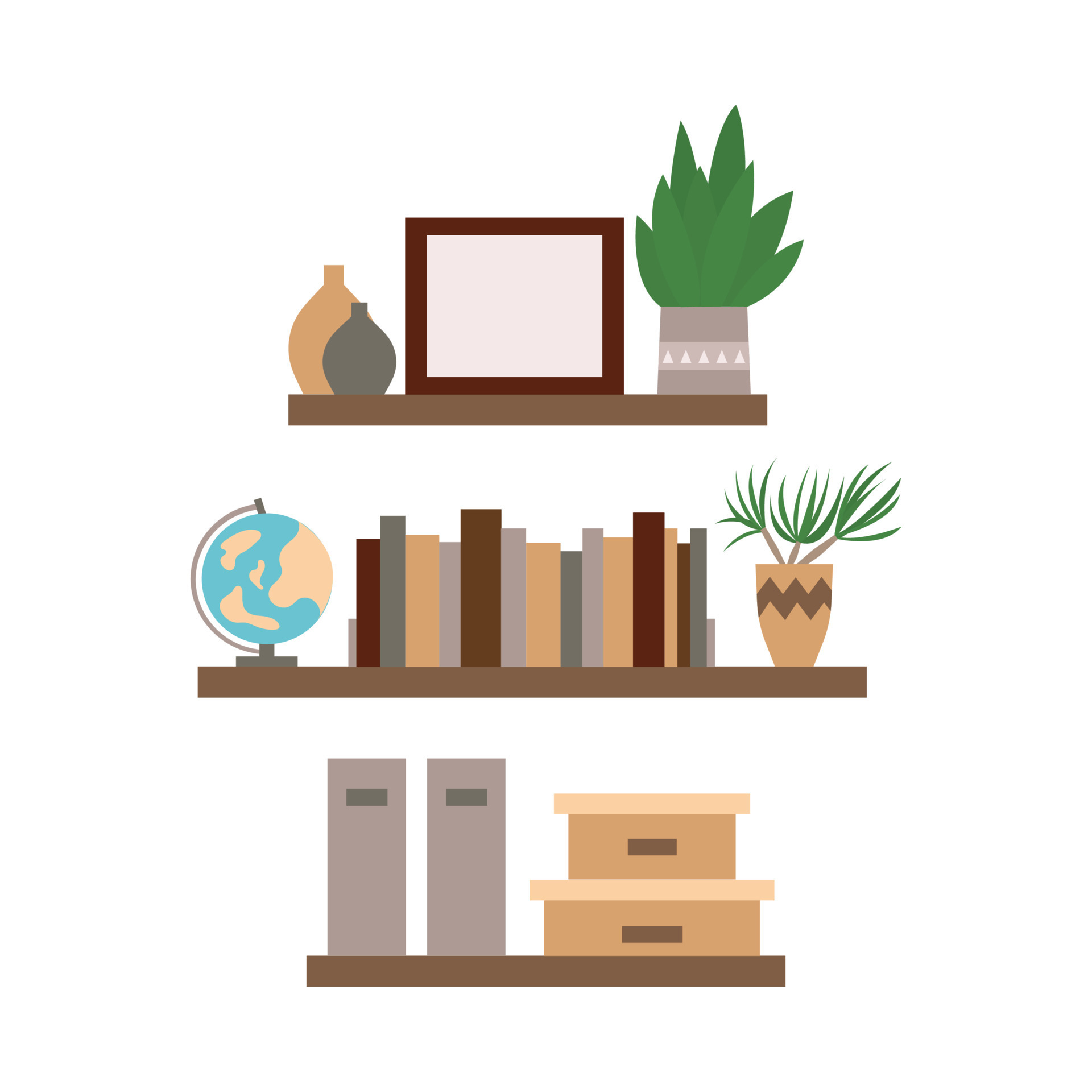 Interior shelf flat style illustration. Vector bookshelf with globe ...
