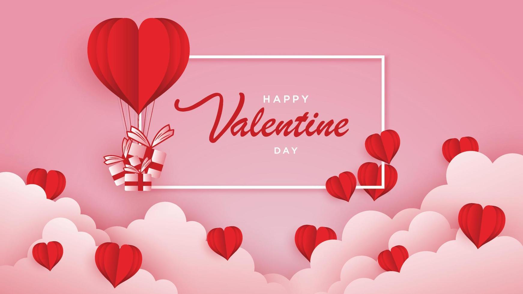 Feliz Día De San Valentín Con Cielo Rosa Y Nubes Cortadas En Papel