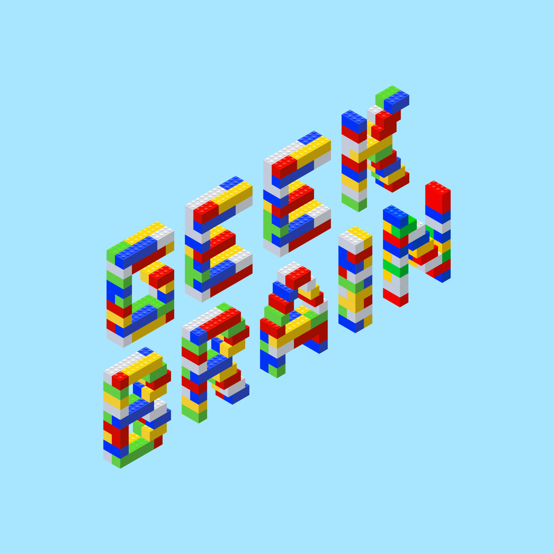 Isometric letters from plastic colored blocks on a blue background in the phrase -geek brain ...