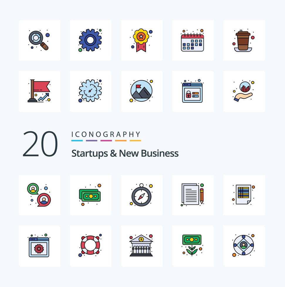 20 Startups And New Business Line Filled Color icon Pack like sheets documents clock workflow ...