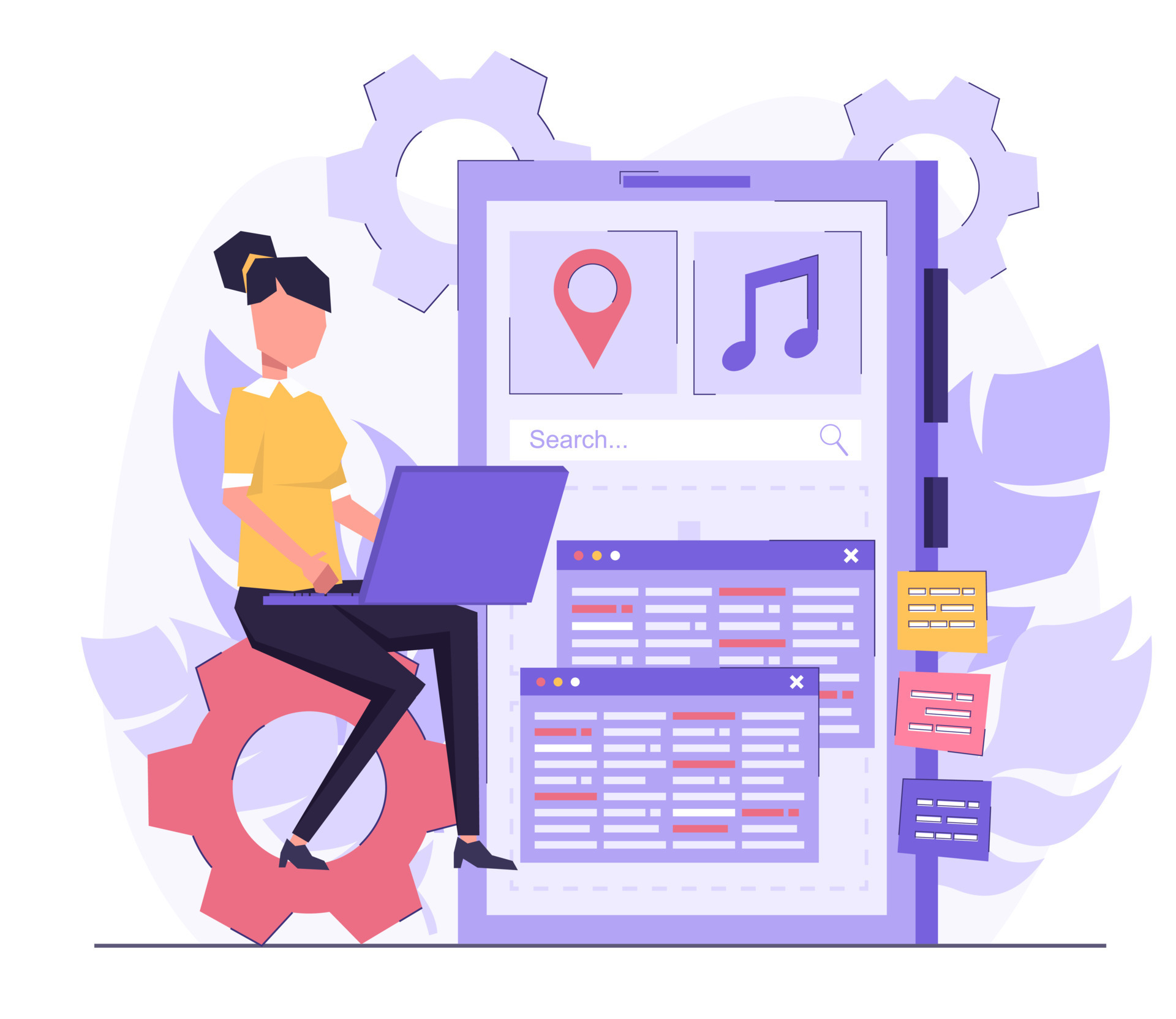 App Development A Programmer Developer Creates An Application On The Phone A Woman Sits On A