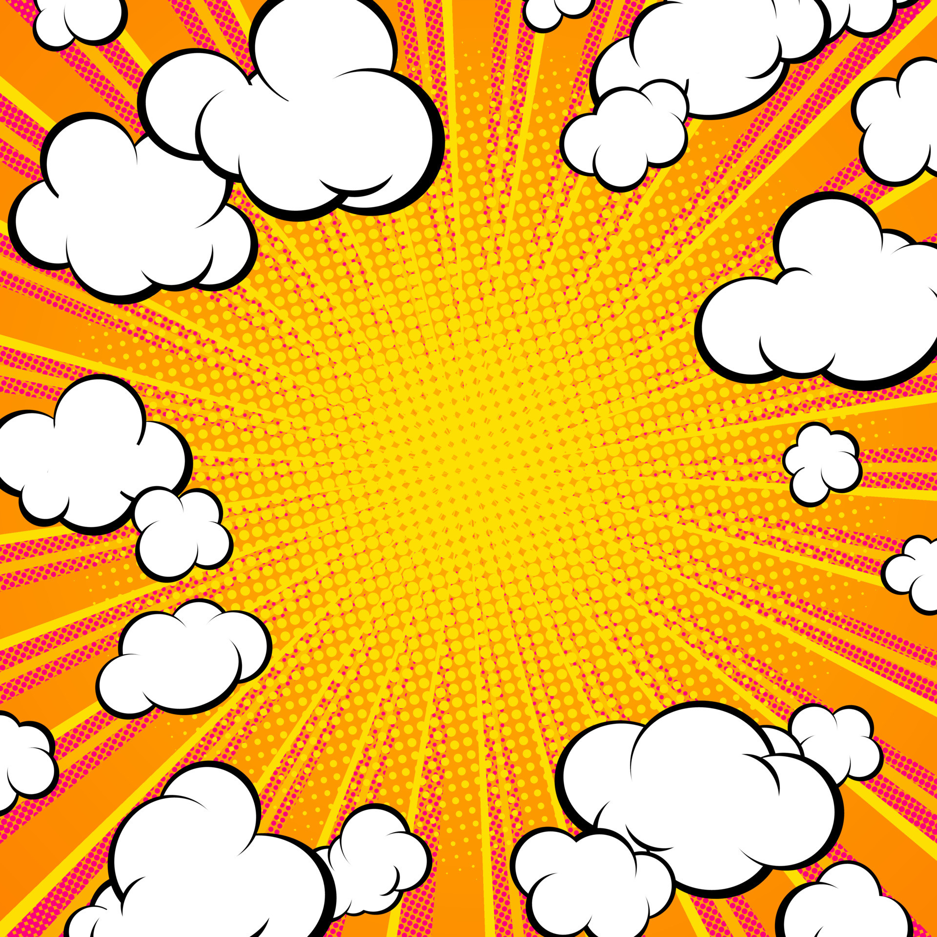 Pop art banner template in square format.Orange background with clouds ...