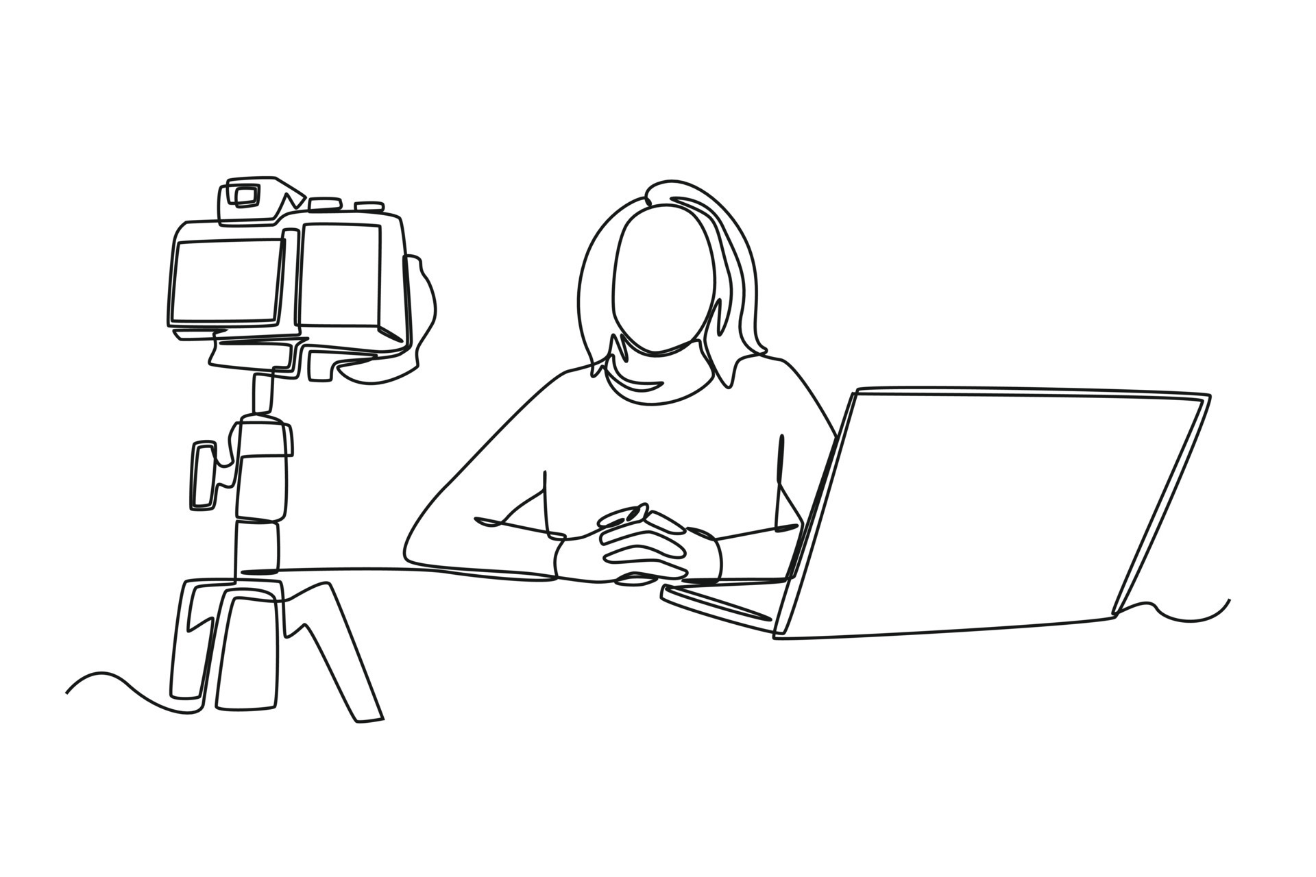 una sola línea dibujando a una chica feliz grabando un blog de video ... una sola línea dibujando a una chica feliz grabando un blog de video ...