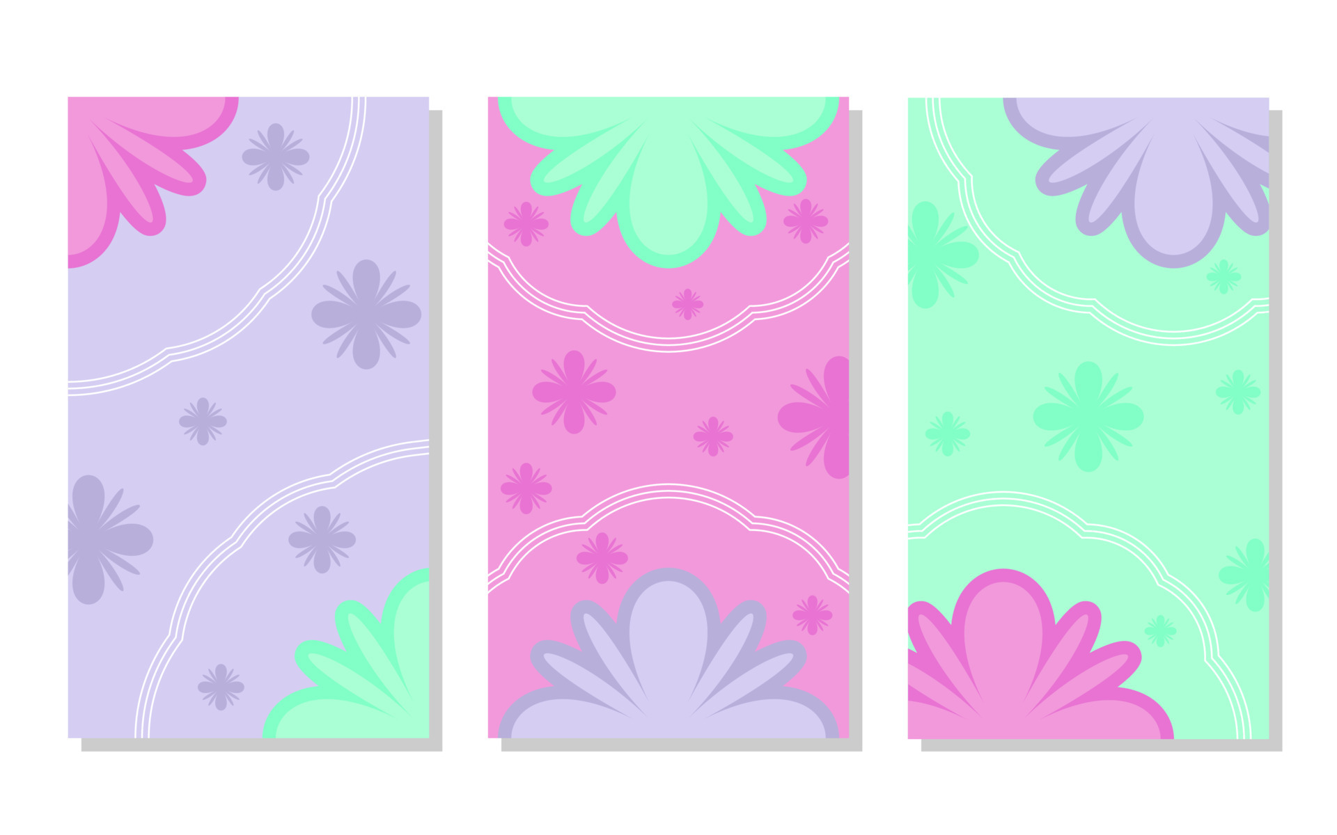 Set Of Pink Purple And Pastel Green Abstract Portrait Background With Flower Pattern And Lines