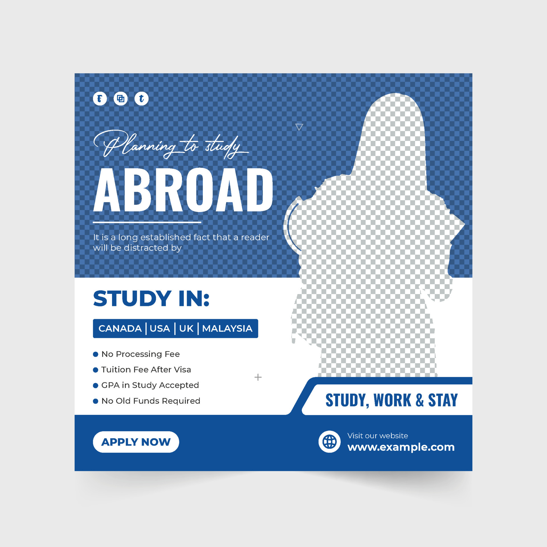 Abroad education promotional web banner template for social media marketing. University ...
