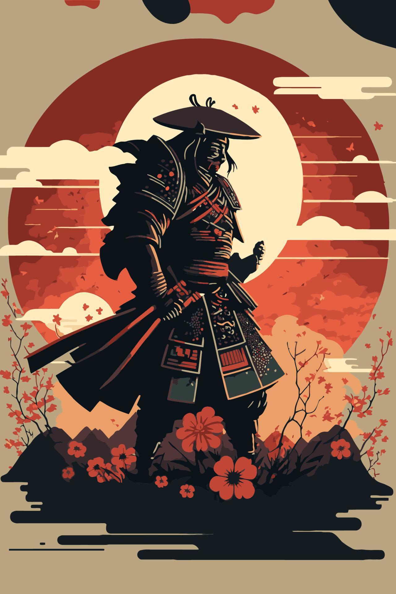 Silhouette Of Japanese Samurai Warrior With Sword Standing On Sunset Art Print 17133242 Vector