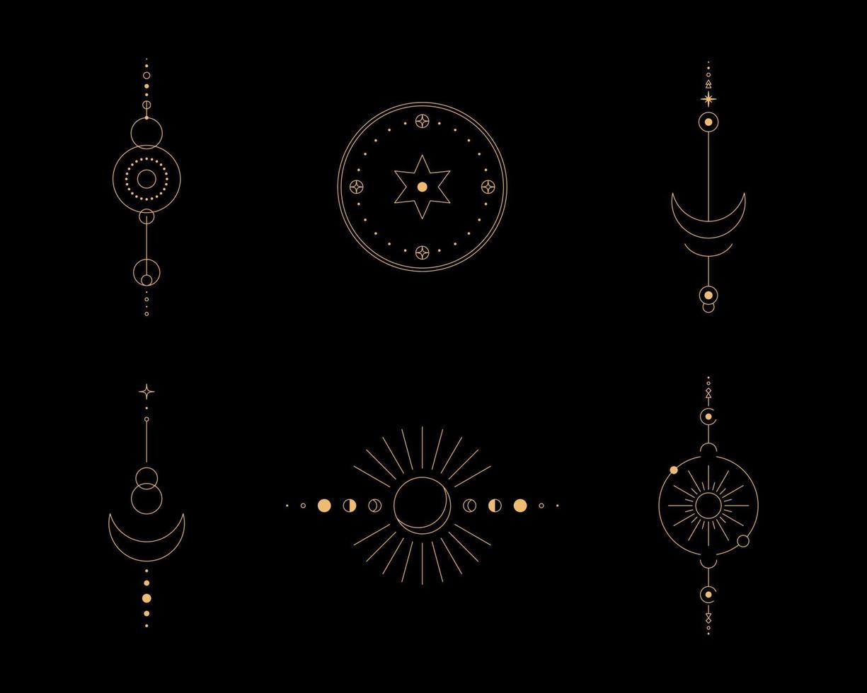 Set Of Moon And Sun Line Art Minimal Boho Linear Symbols Celestial Mystic Element Vector Line