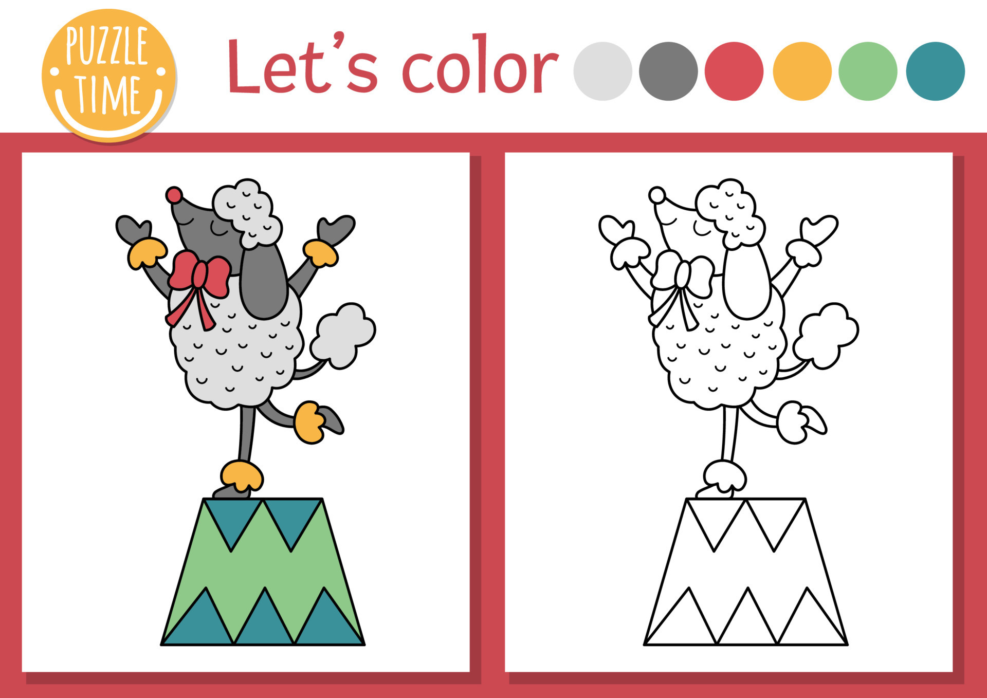 Circus coloring page for children with poodle. Vector amusement show outline illustration with ...