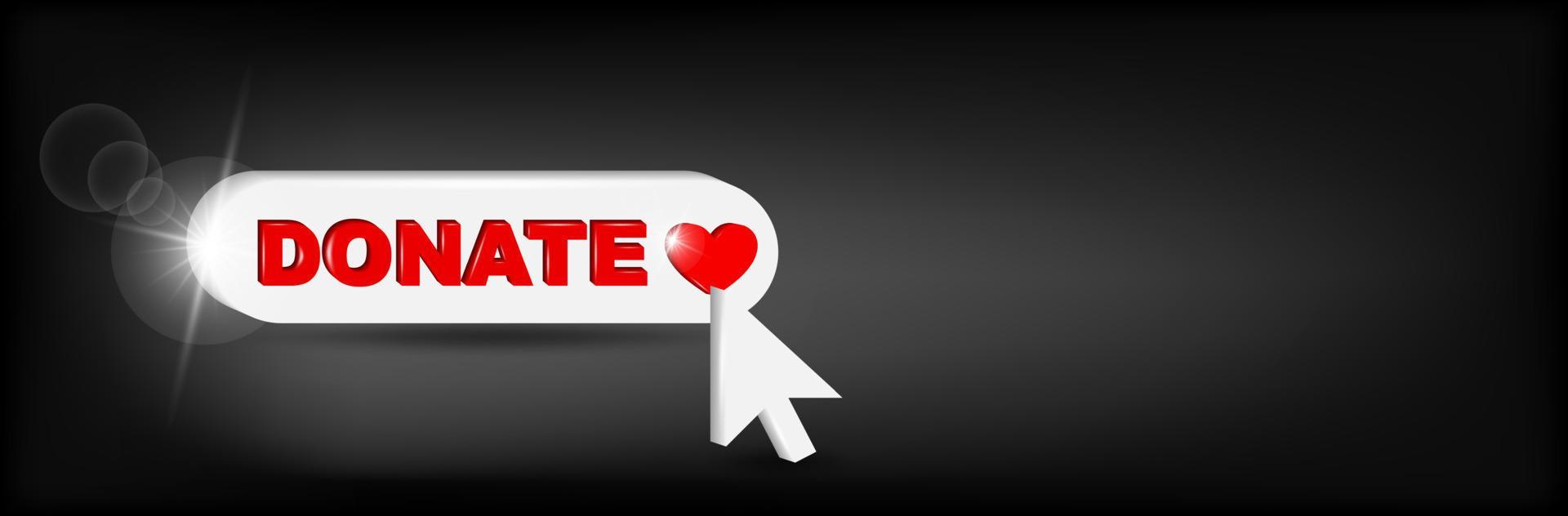 Donate button 3D icon. White button with red heart on black background ...