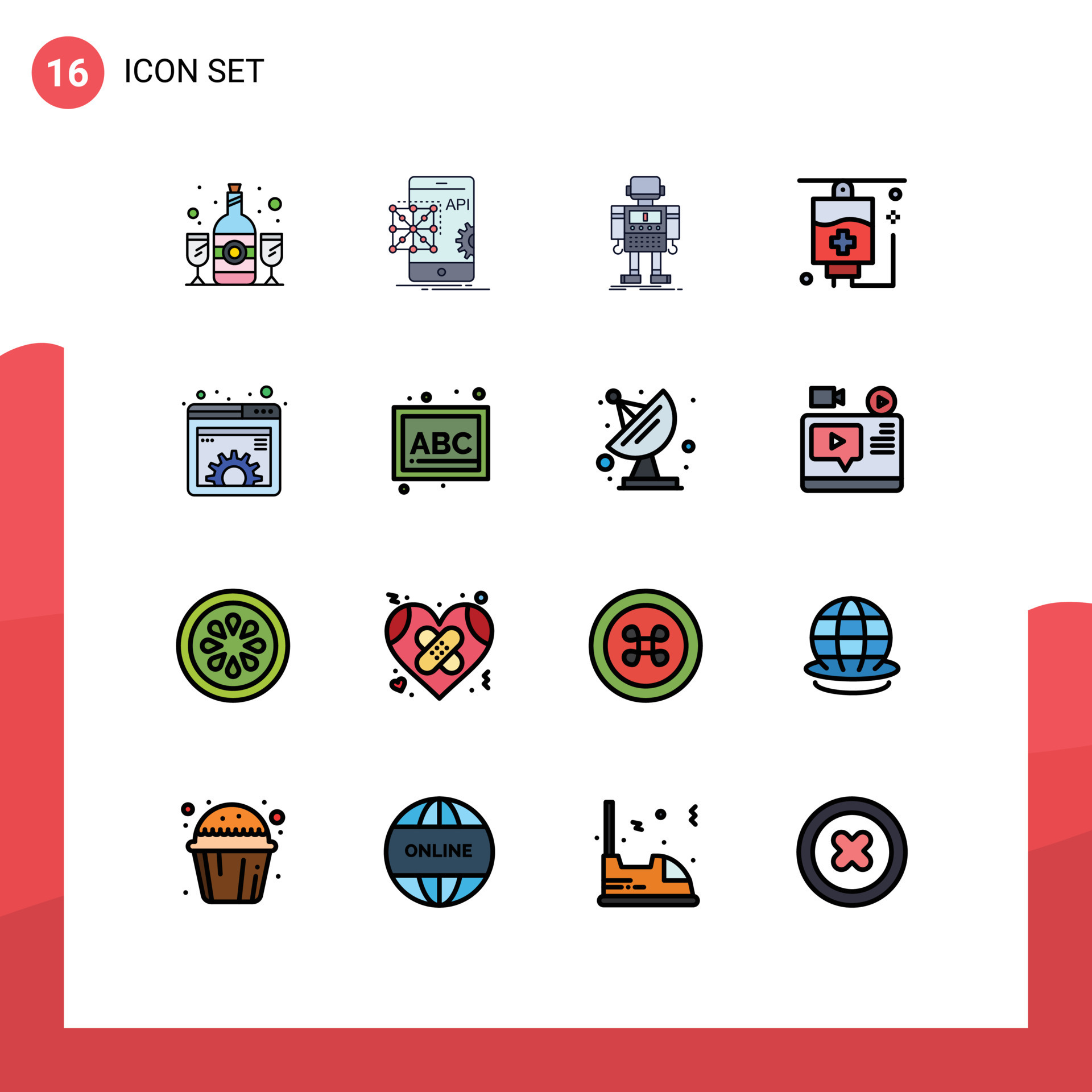 Editable Vector Line Pack Of 16 Simple Flat Color Filled Lines Of Content Hospital Mobile