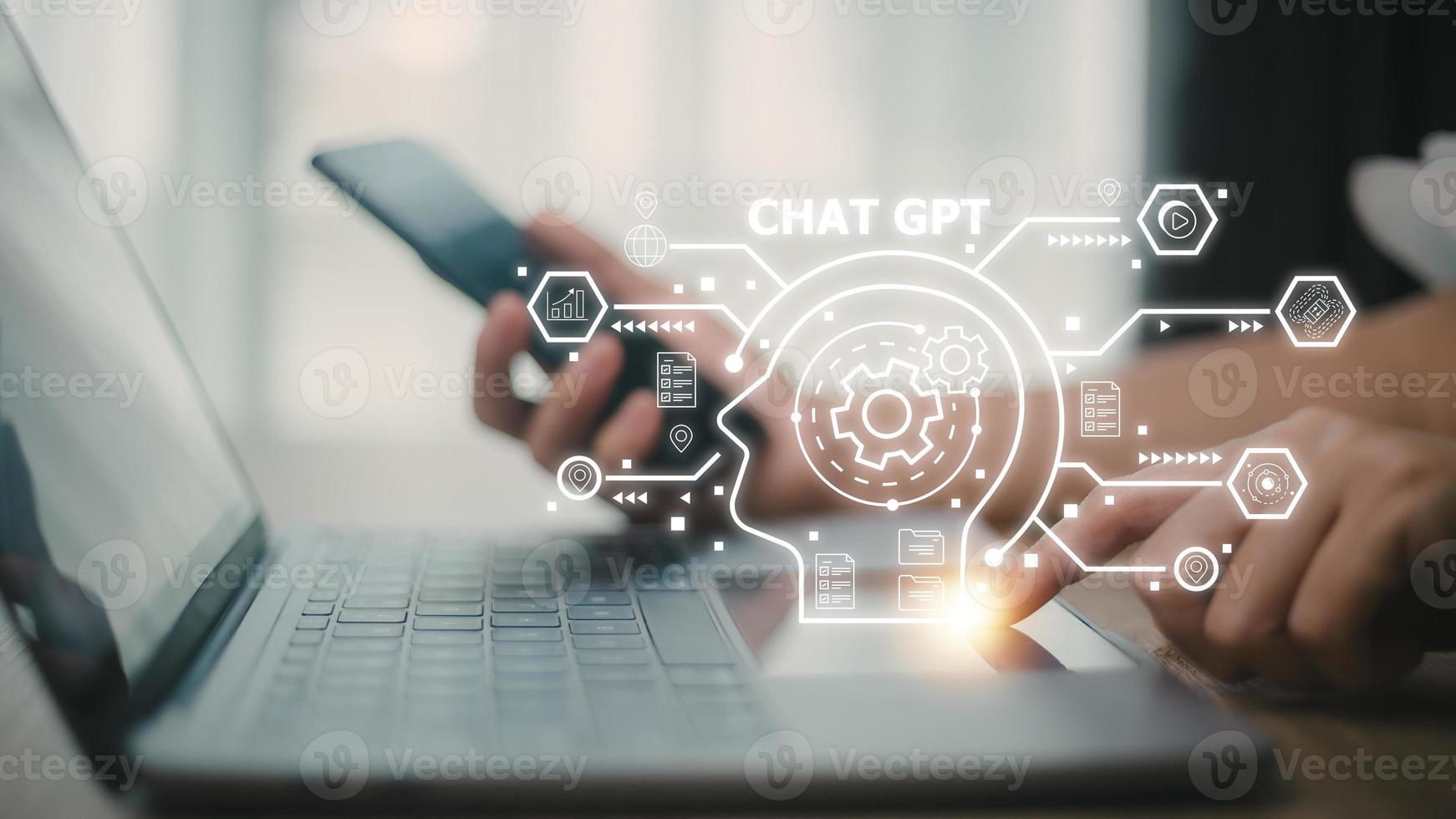 ChatGPT Chat with AI or Artificial Intelligence. woman chatting with a smart AI or artificial ...