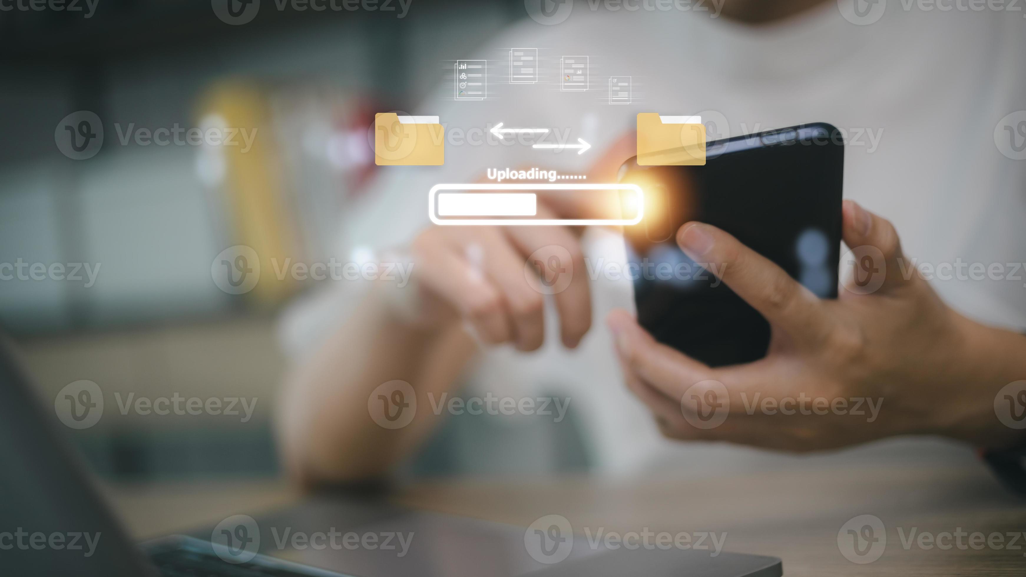 Uploading documents from folder. Open File folder with flying blank documents. Data transfer ...
