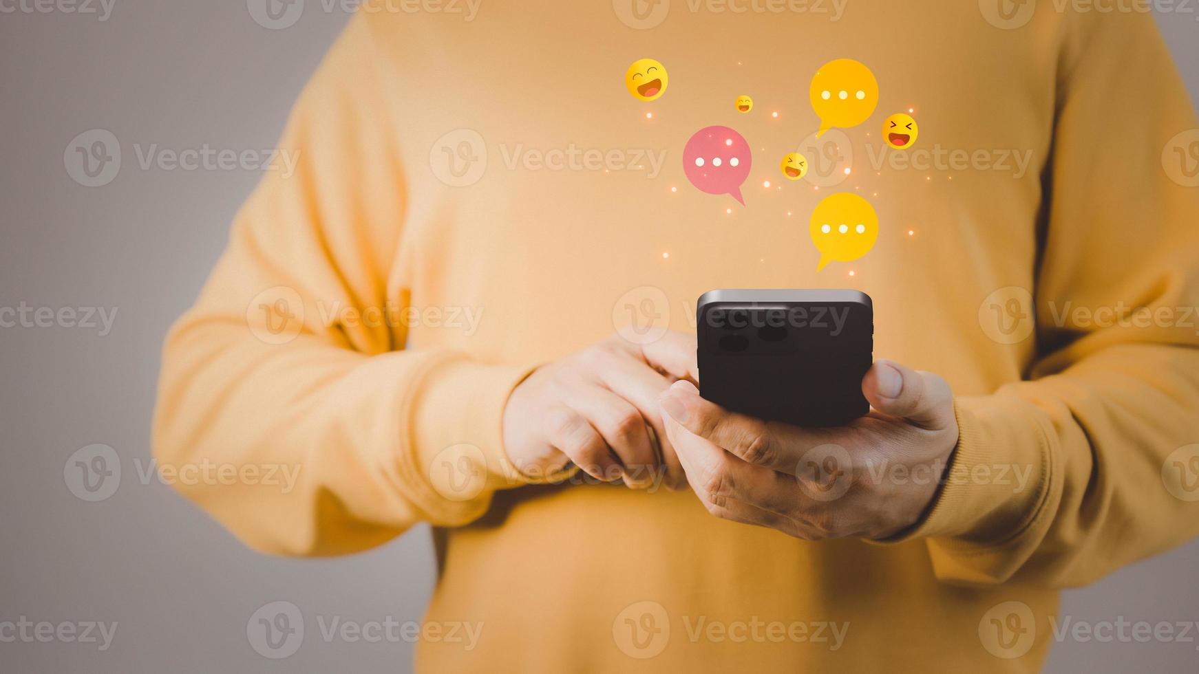 Man hand using smartphone typing live chat chatting on application communication digital web and ...